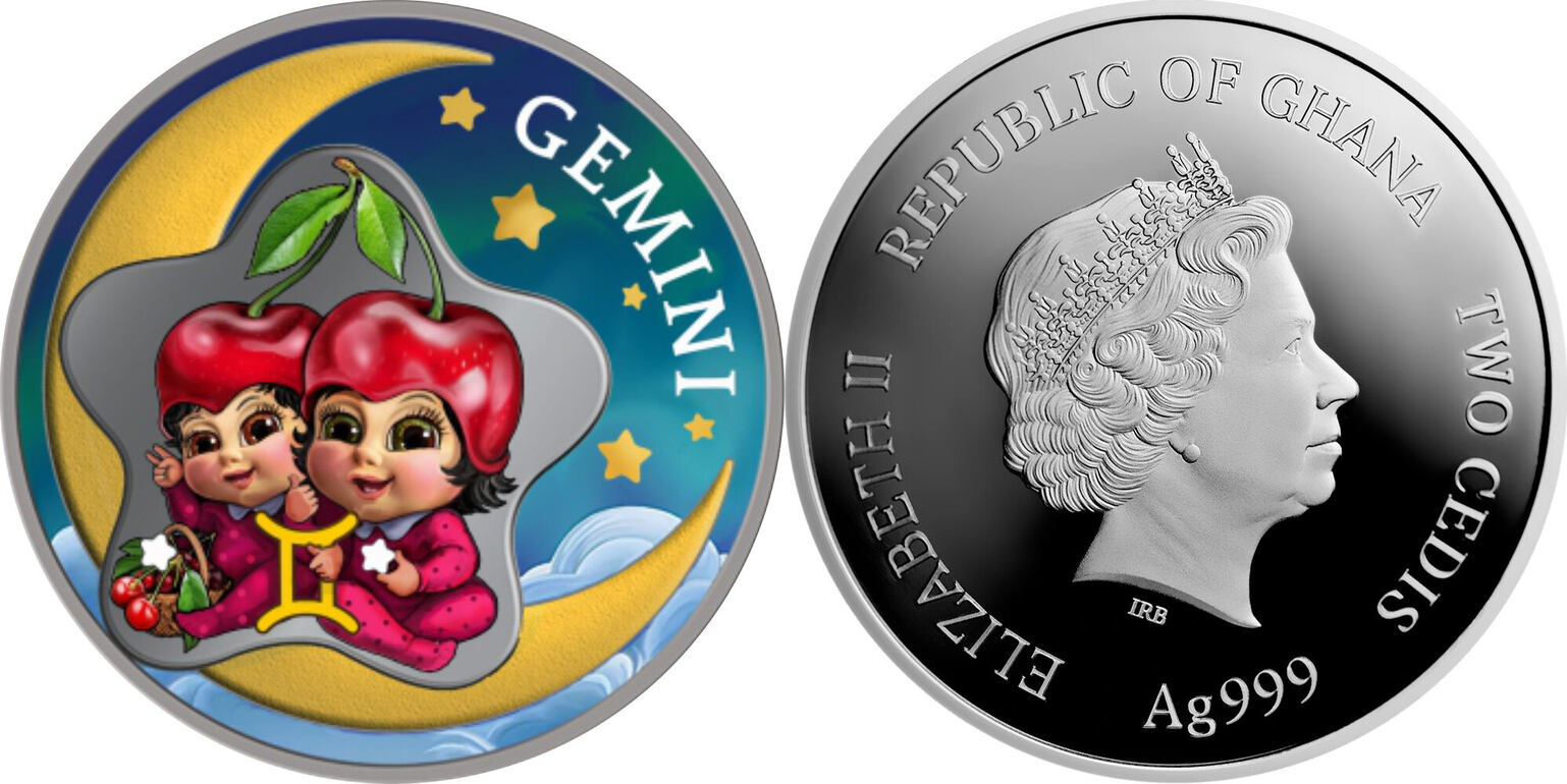 GEMINI Baby Zodiac Silver Coin 2 Cedis Ghana Proof | MA-Shops