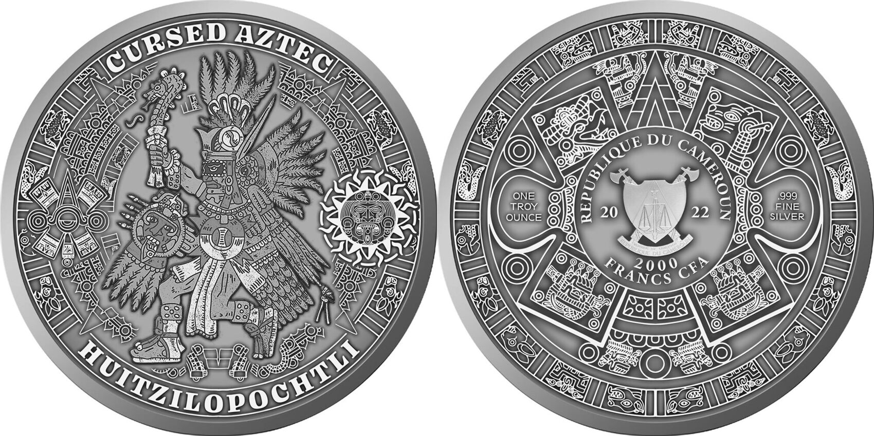 CURSED AZTEC HUITZILOPOCHTLI 1 Oz Silver Coin 2000 Francs Cameroon 2022 ...