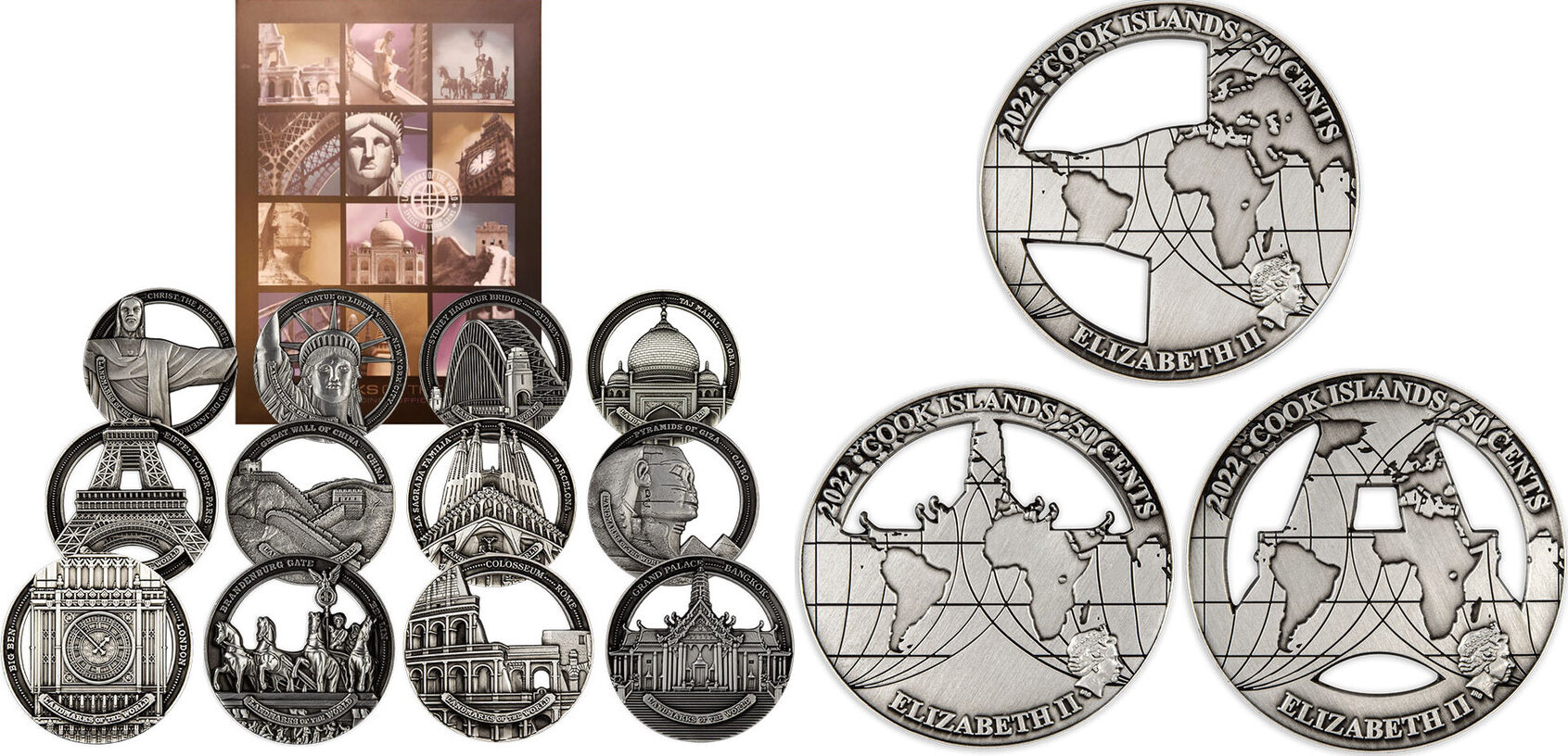 LANDMARKS OF THE WORLD Set 12 Iron Coins 50 Cents Cook Islands 2022 ...