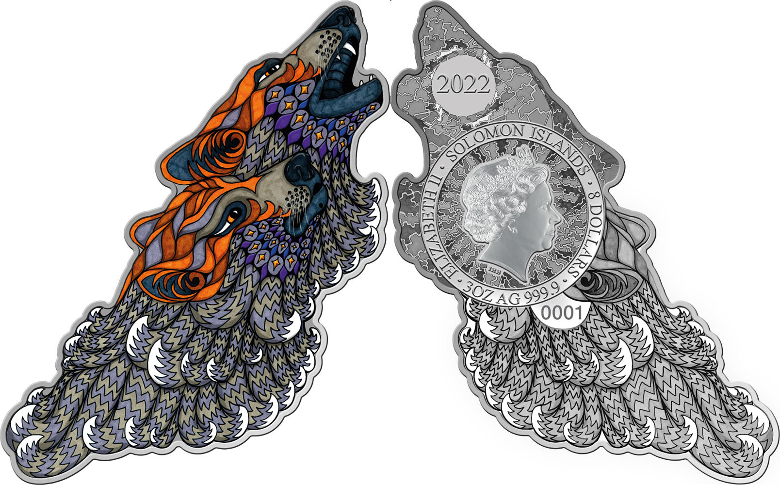 8 Dollars WOLF Shadow Hunters 3 Oz Silver Coins 8$ Solomon Islands 2022 ...