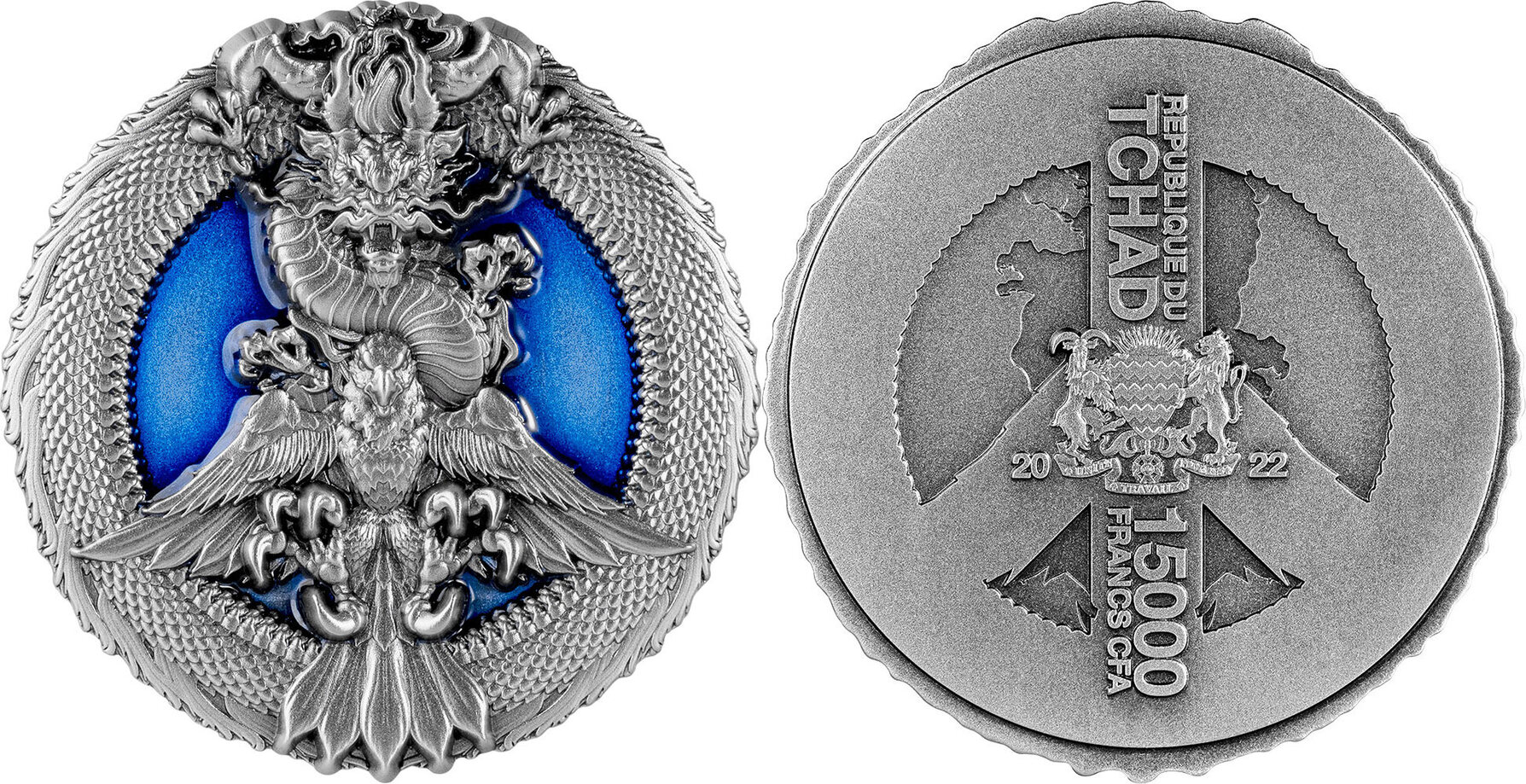PEACE SYMBOL DRAGON AND EAGLE 3 Oz Silver Coin 15000 Francs Chad 2022 ...