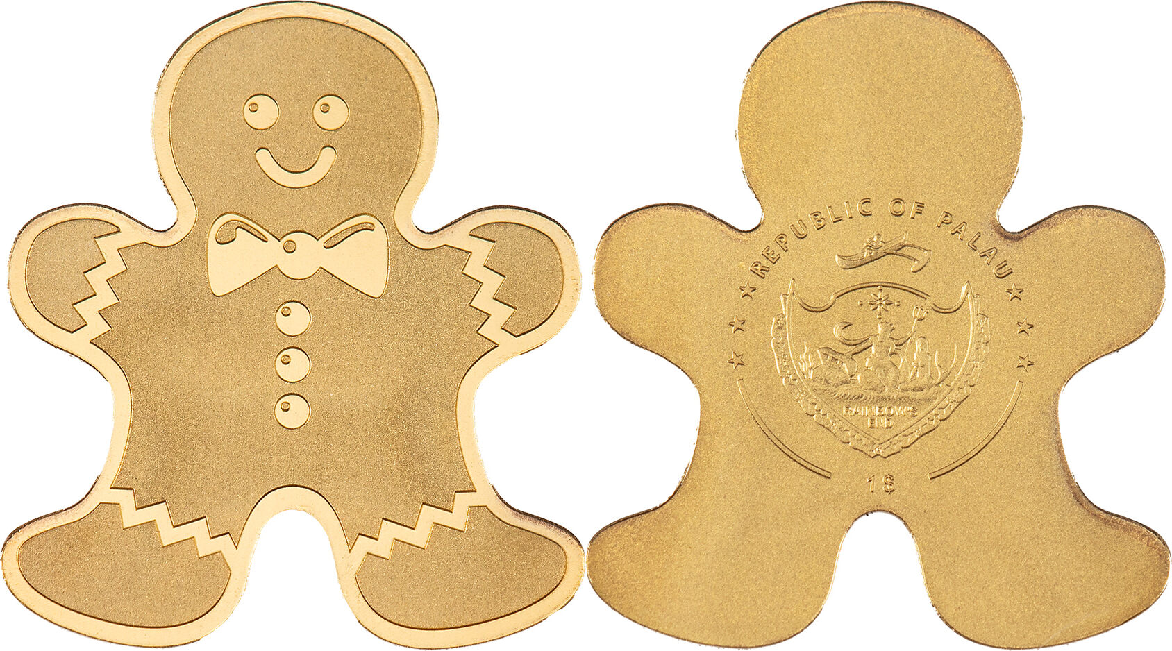 1 Dollar GINGERBREAD MAN Golden Highlights Gold Coin 1$ Palau Silk ...