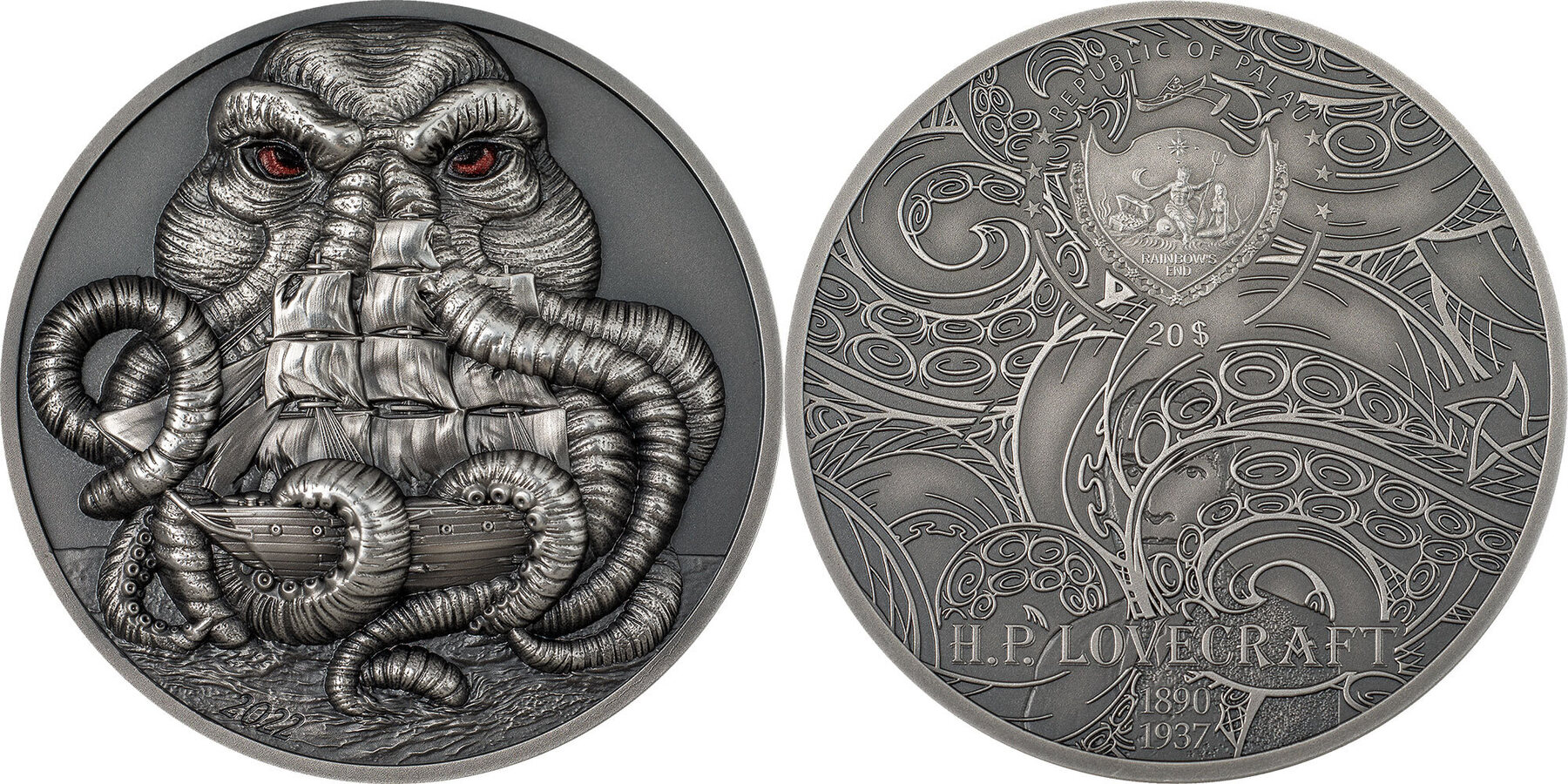 20 Dollars CTHULHU Howard Phillips Lovecraft 3 Oz Silver Coin 20$ Palau ...