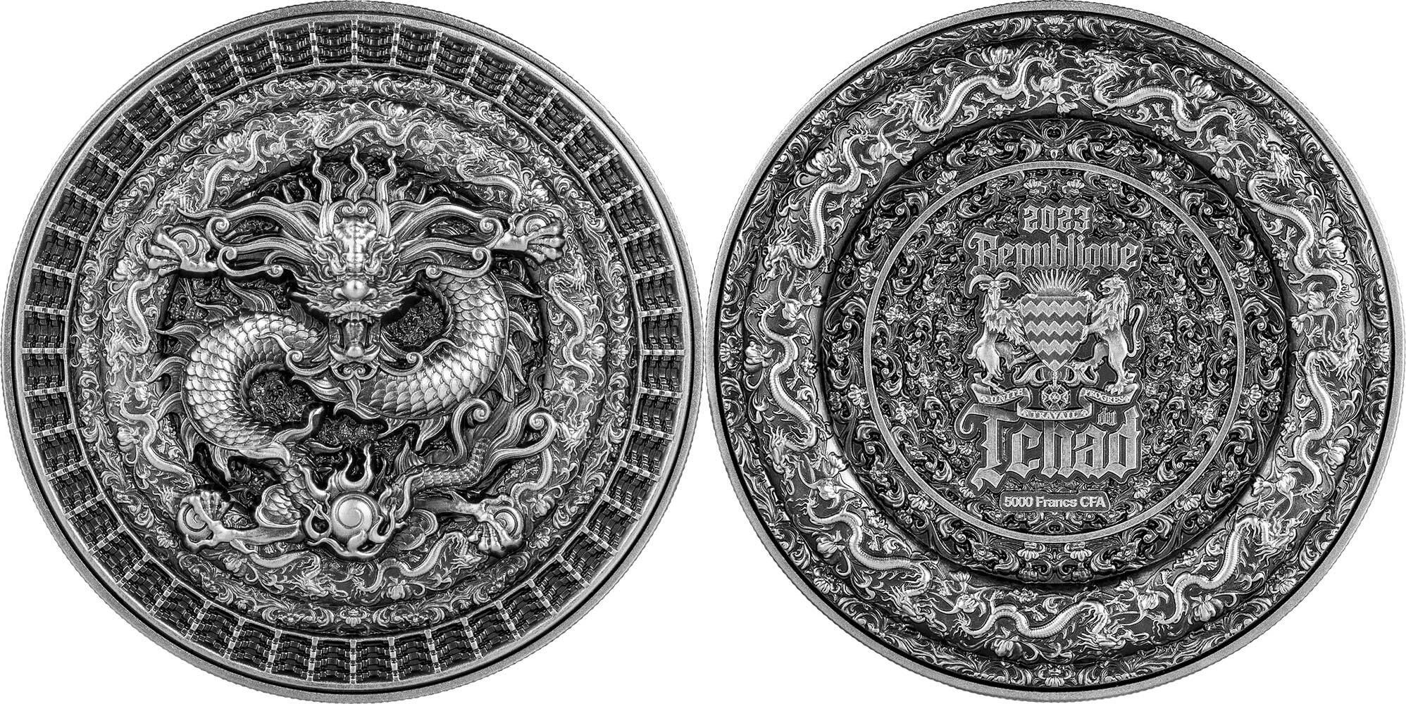FORBIDDEN DRAGON 1 Oz Silver Coin 5000 Francs Chad 2023 Antique Finish ...