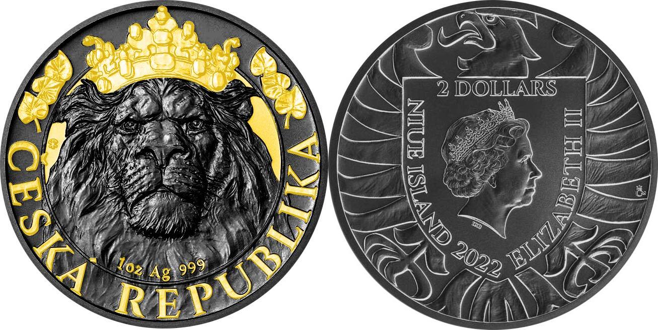 2 Dollars CZECH LION Black Platinum 1 Oz Silver Coin 2$ Niue 2022 BU ...