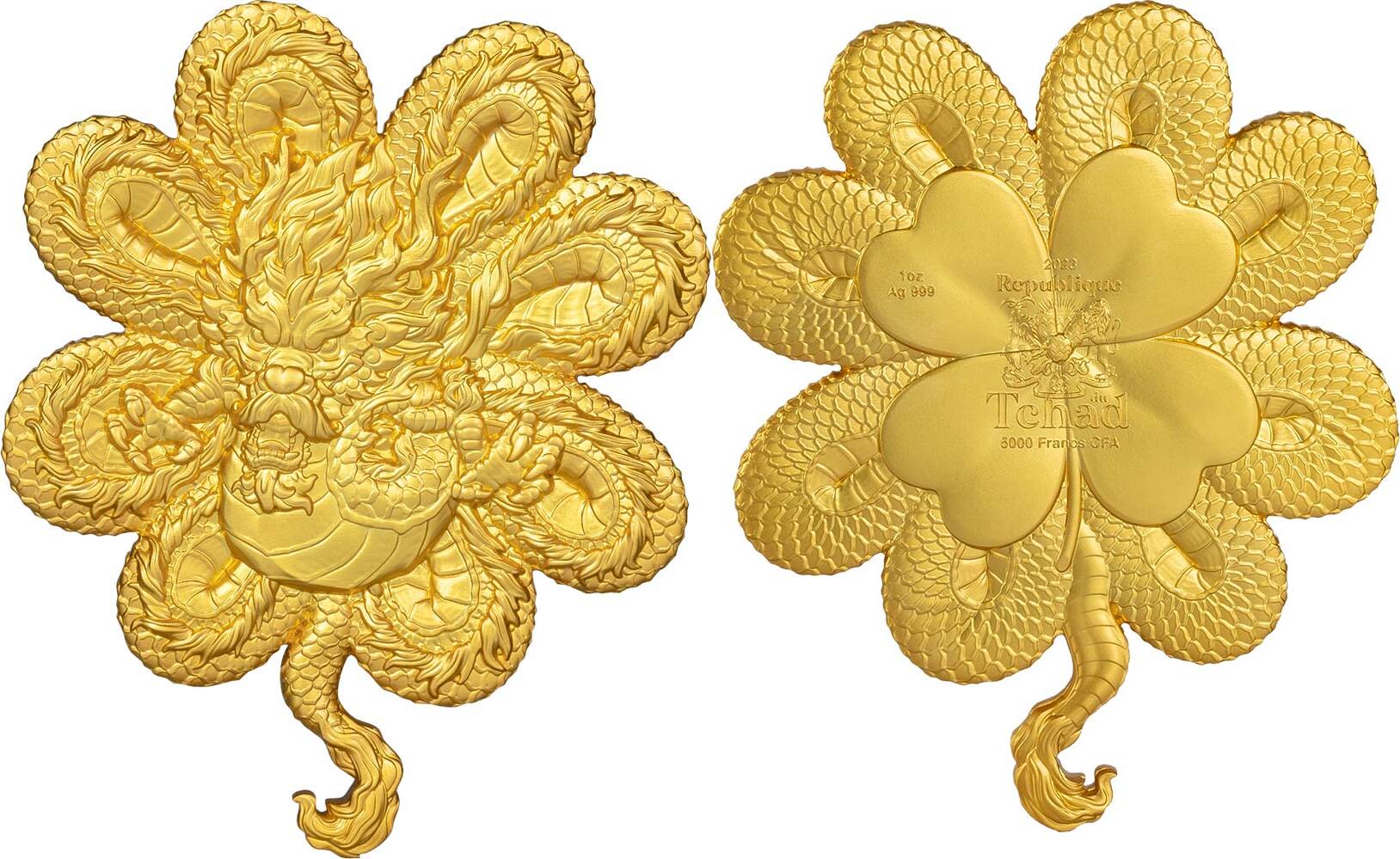 FOUR LEAF CLOVER DRAGON Gilded 1 Oz Silver Coin 5000 Francs Chad 2023 ...