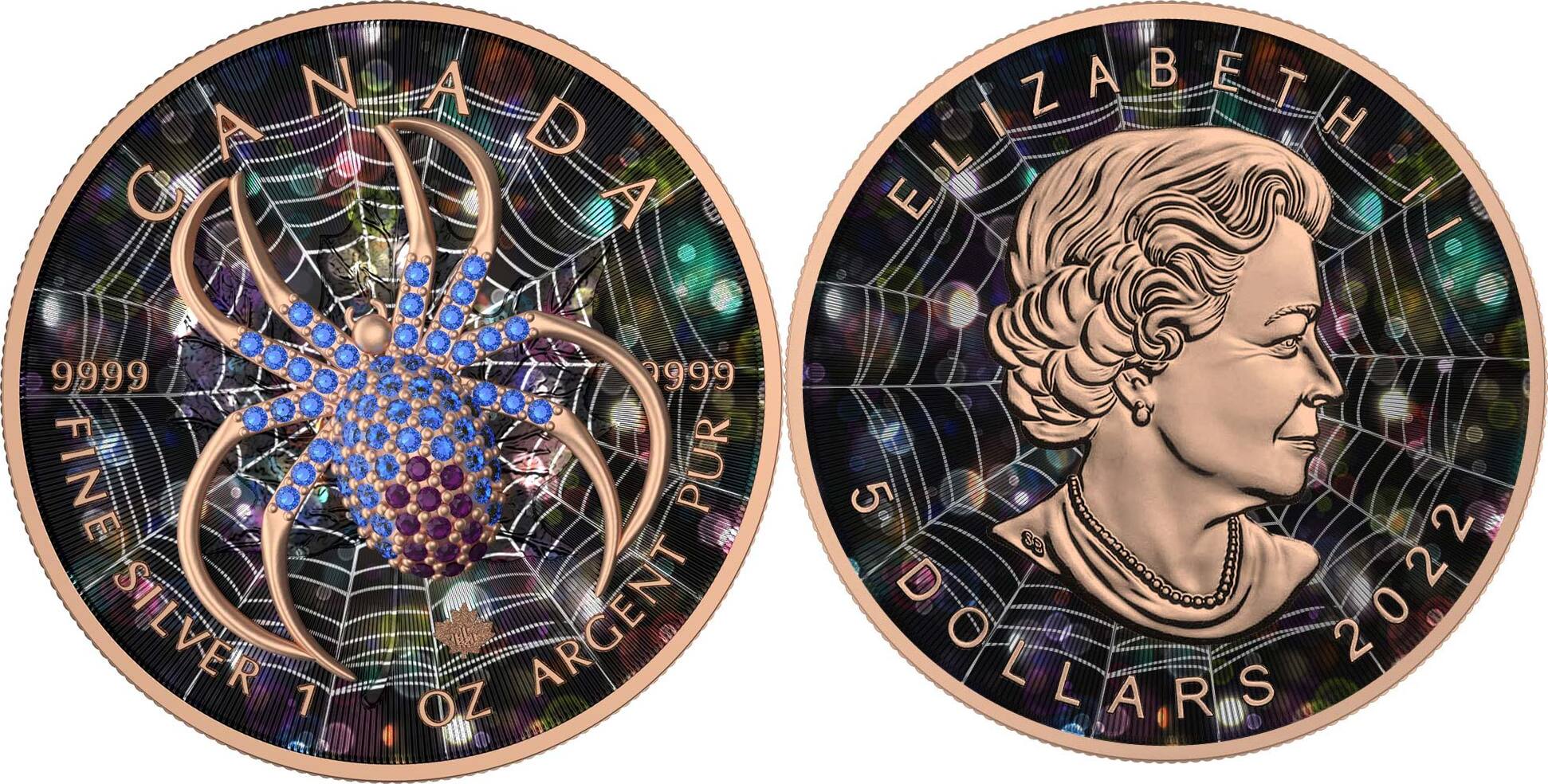 5 Dollars BLUE SPIDER Bejeweled Maple Leaf 1 Oz Silver Coin 5$ Canada ...