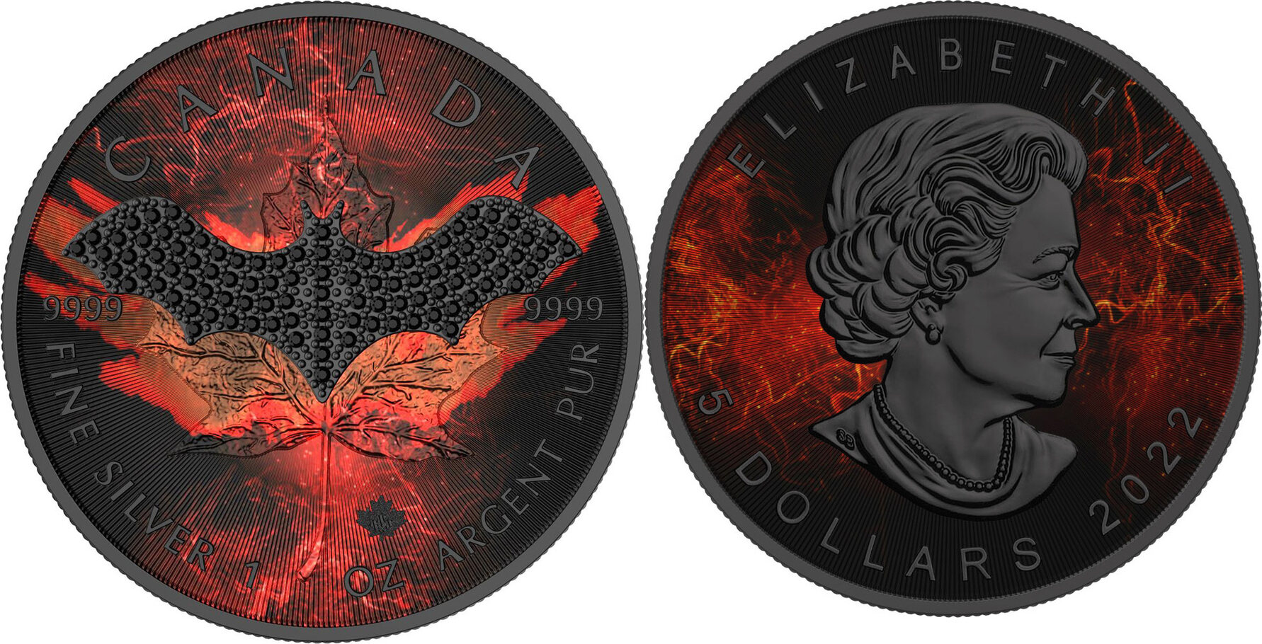 5 Dollars DARK BAT Bejeweled Maple Leaf 1 Oz Silver Coin 5$ Canada 2022 ...