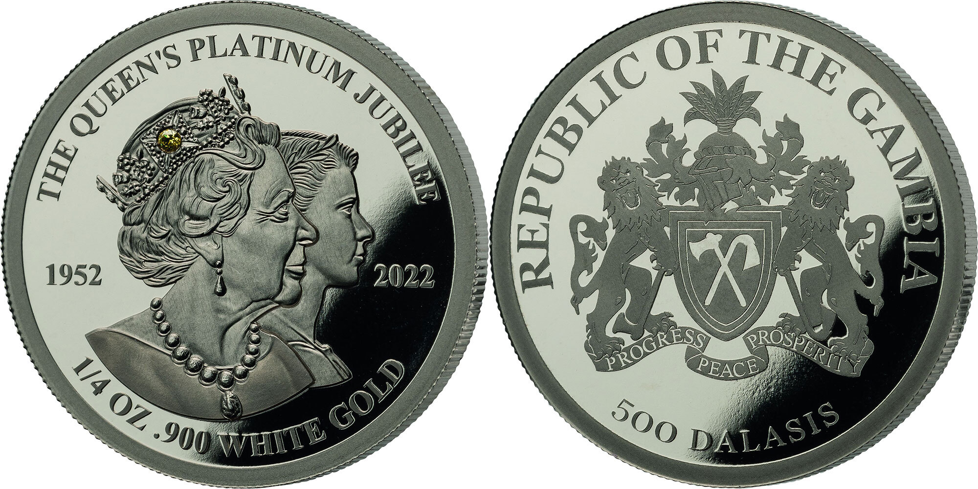 QUEEN PLATIMUN JUBILEE White Gold Coin 500 Dalasis Gambia 2022 Proof ...