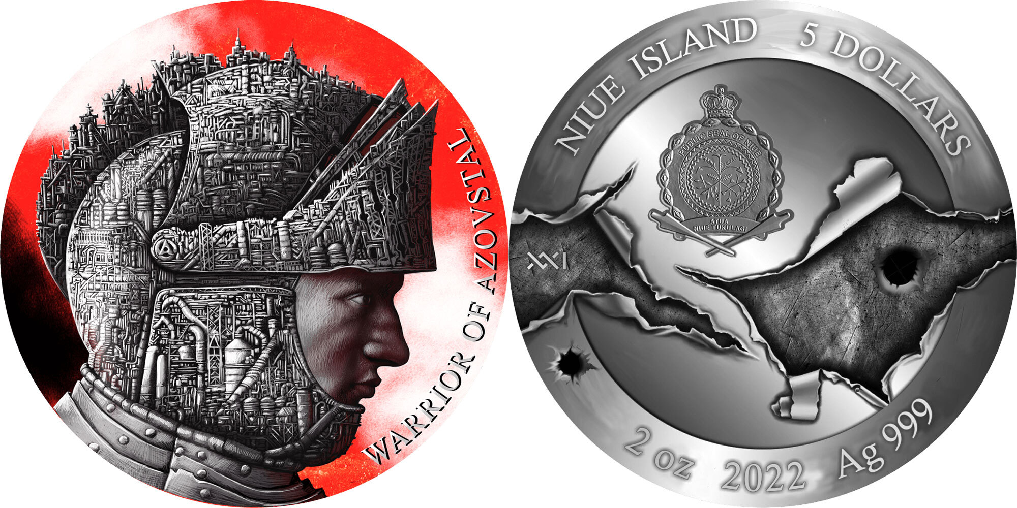 5 Dollars WARRIOR OF AZOVSTAL Ukraine 2 Oz Silver Coin 5$ Niue 2022 ...