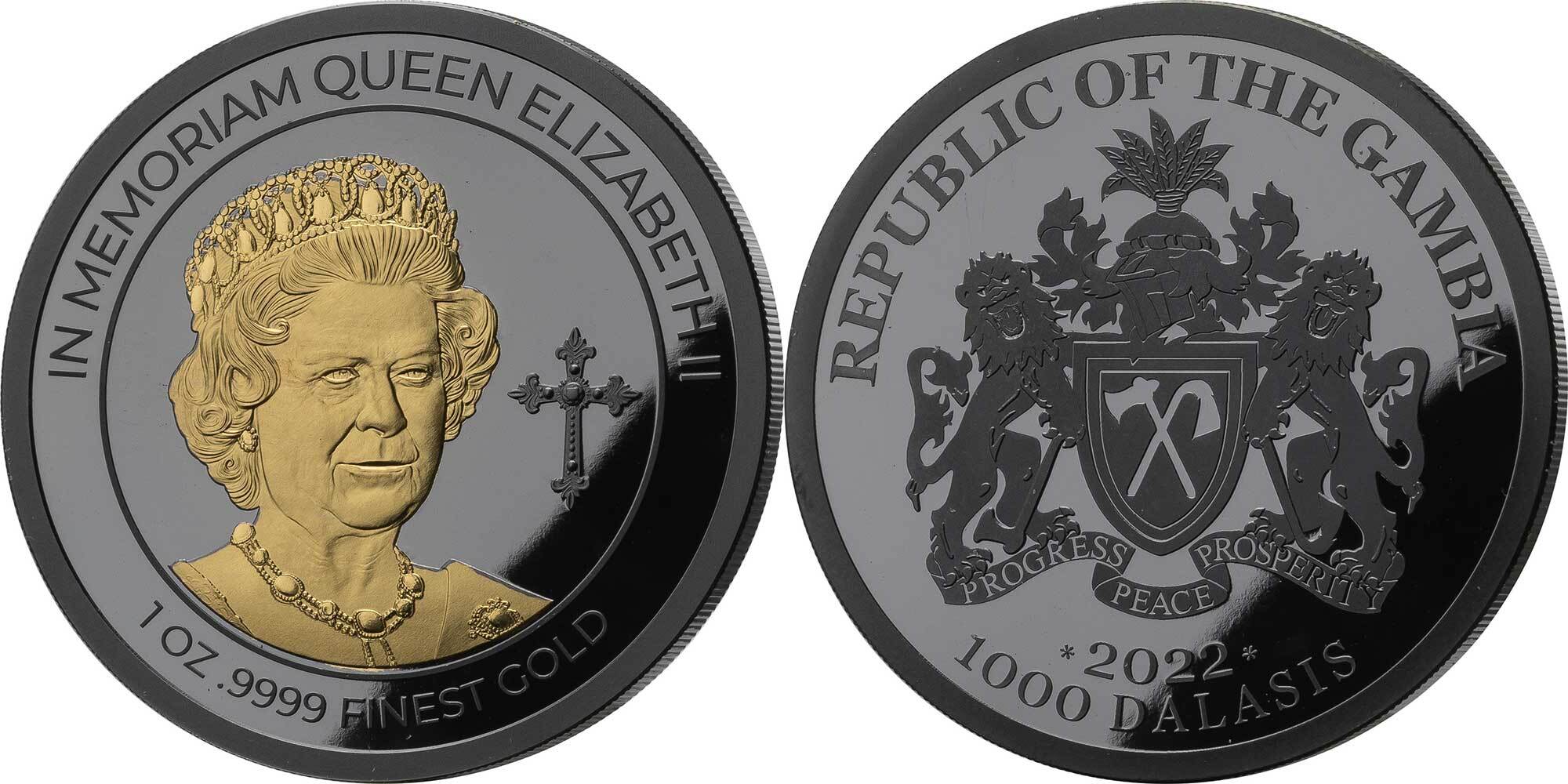GOLDEN ENIGMA Queen Elizabeth II 1 Oz Gold Coin 1000 Dalasis Gambia ...