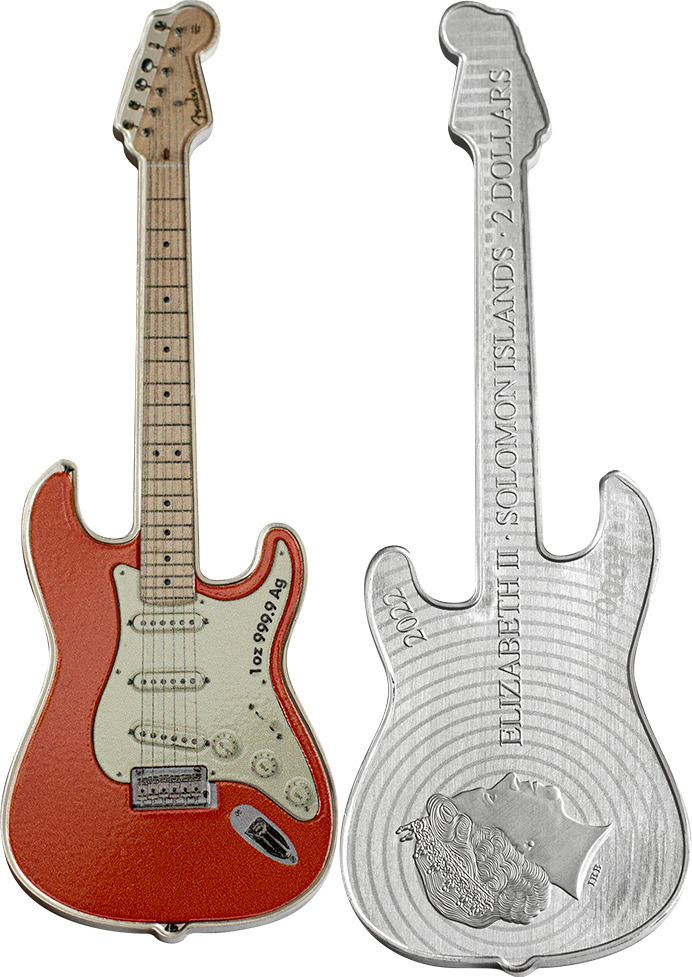 2 Dollars FENDER STRATOCASTER FIESTA RED Guitar 1 Oz Silver Coin 2 ...