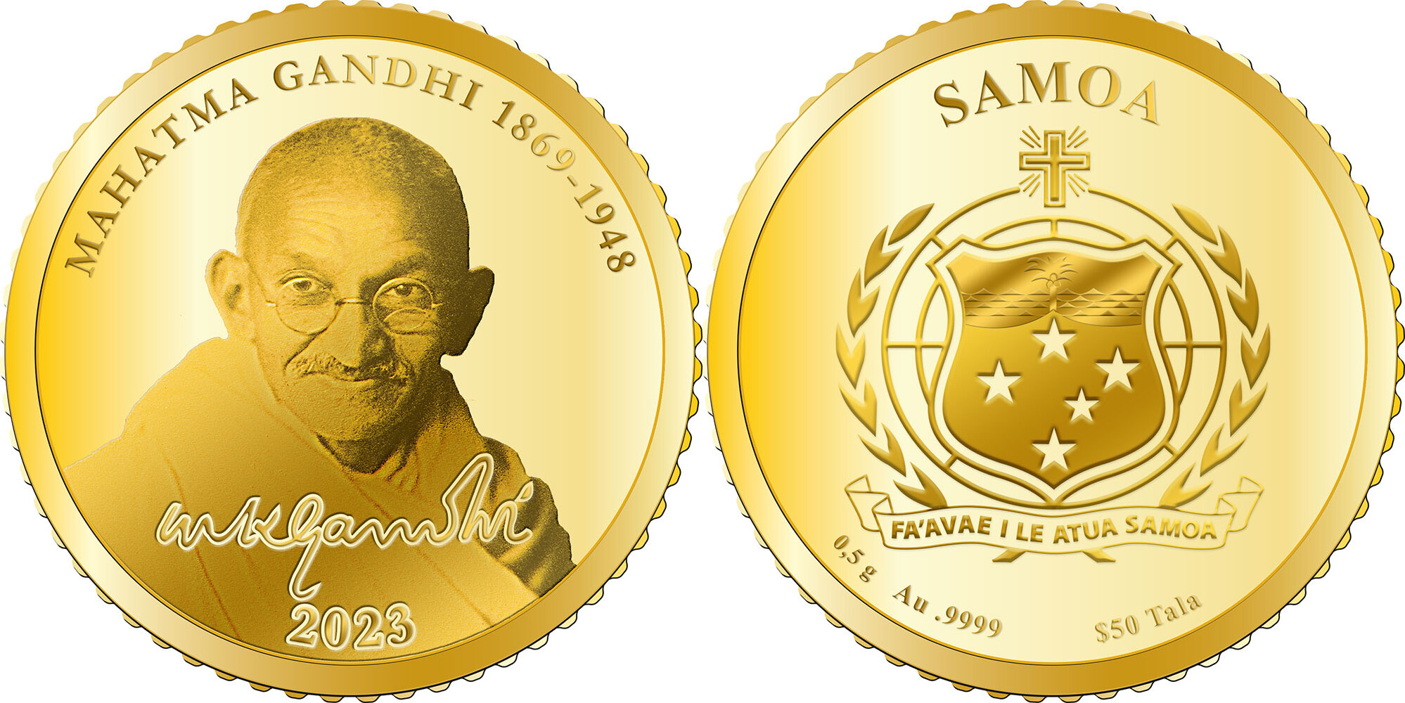 $50 Tala MAHATMA GANDHI Small Gold Coin 50$ Tala Samoa 2023 Proof | MA ...