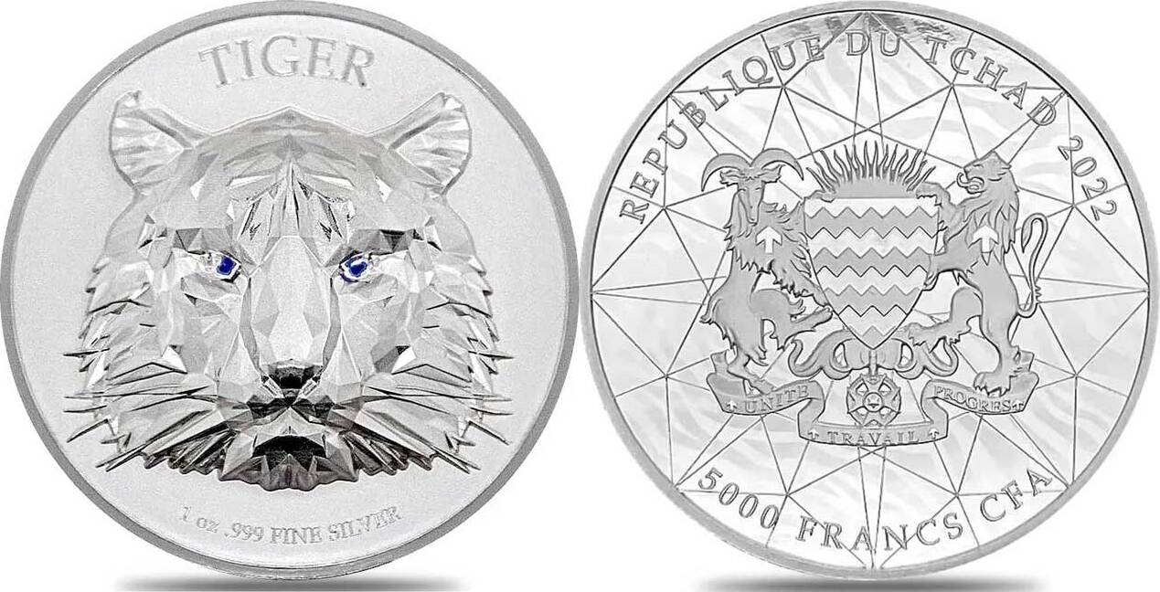 MULTIFACETED TIGER 1 Oz Silver Coin 5000 Francs Chad 2022 Proof | MA-Shops
