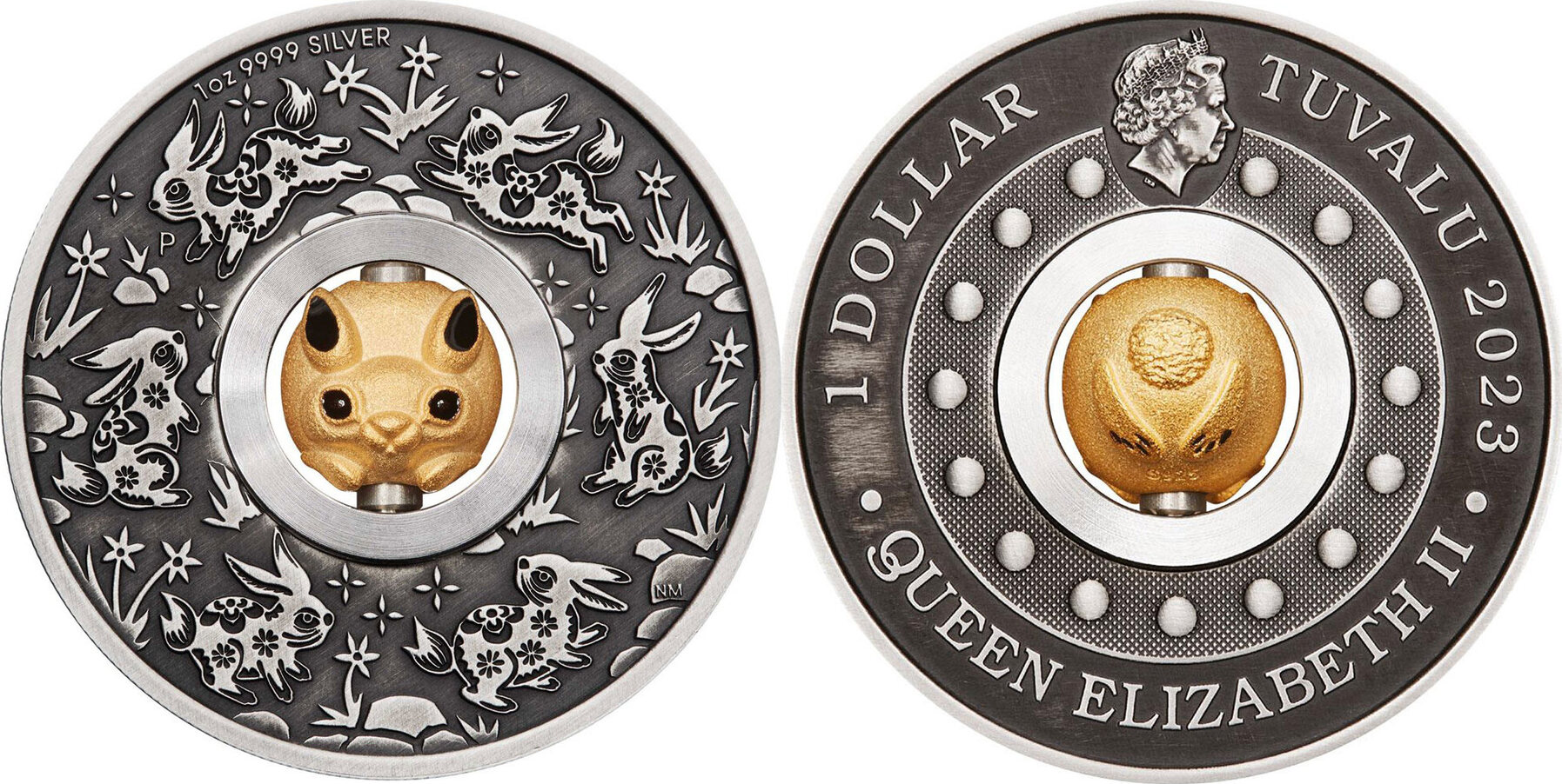 1 Dollar YEAR OF THE RABBIT Rotating Charm 1 Oz Silver Coin 1$ Tuvalu 2023 Antique Finish | MA-Shops