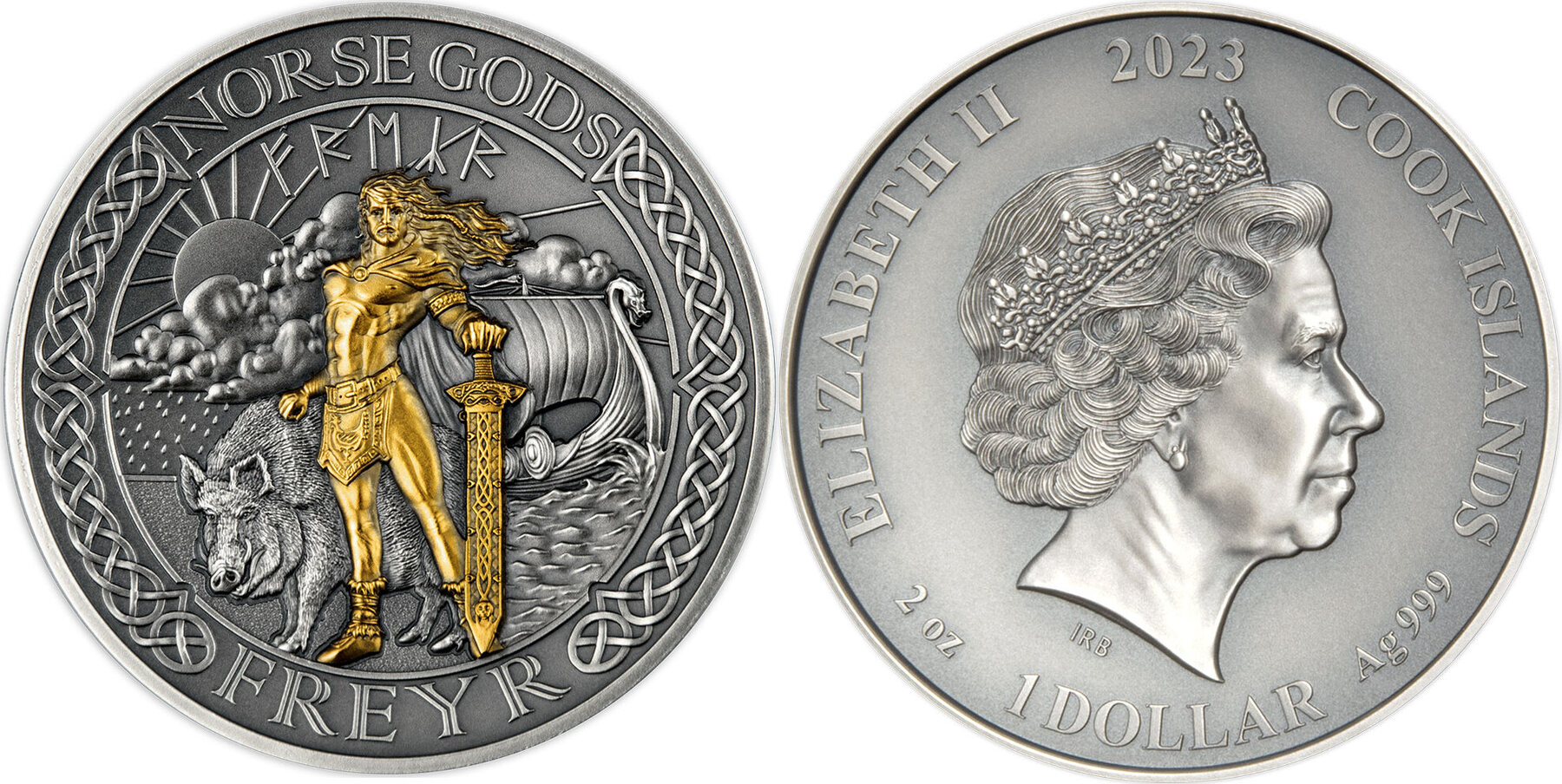 1 Dollar FREYR Norse Gods Gold Plating 2 Oz Silver Coin 1$ Cook Islands ...