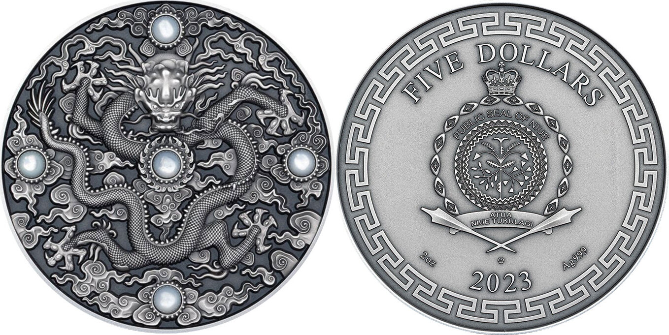 5 Dollars CHINESE DRAGON ART 2 Oz Silver Coin 5$ Niue 2023 Antique ...