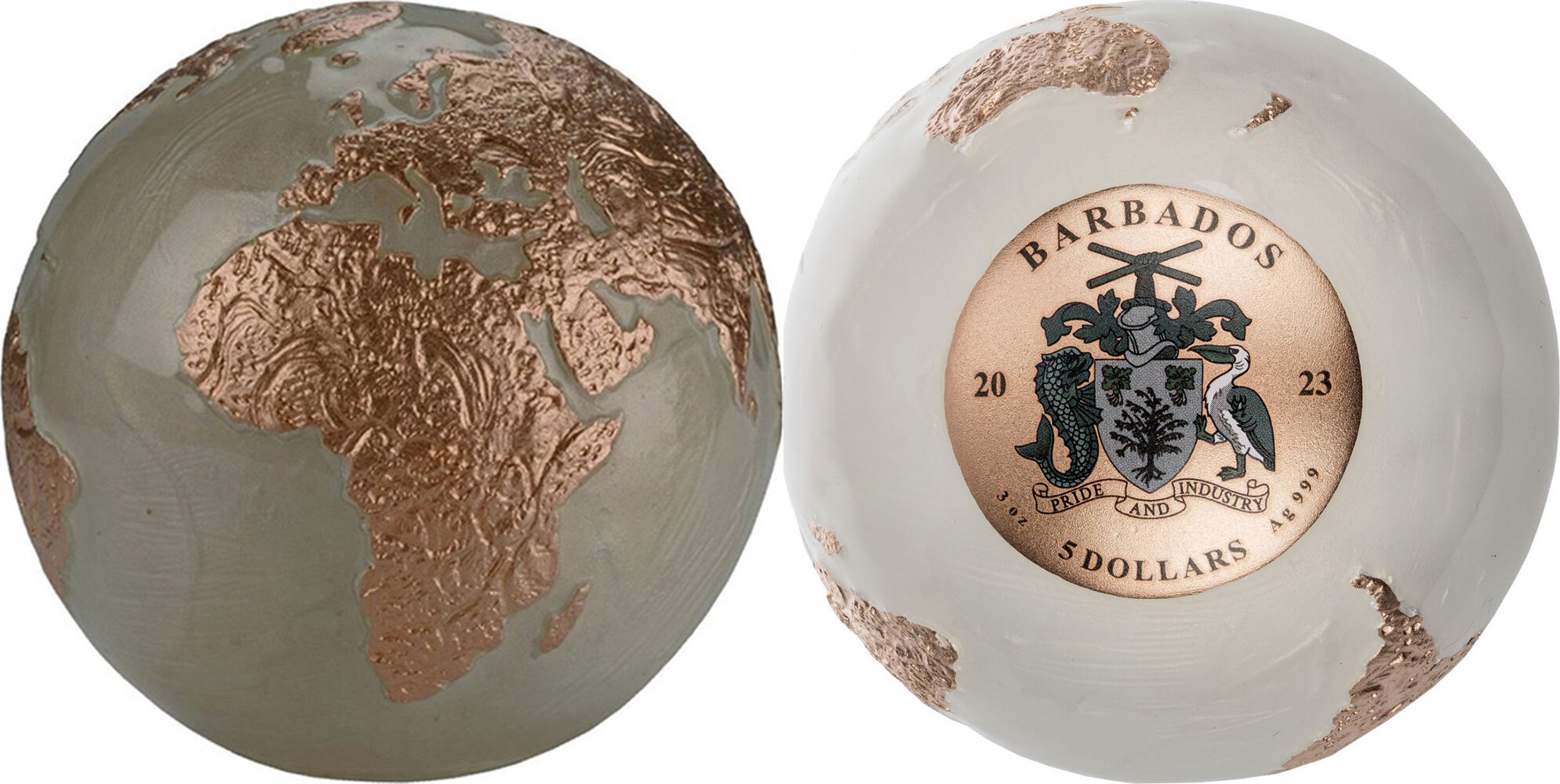 5 Dollars BRIGHT MARBLE Spherical 3 Oz Silver Coin 5$ Barbados 2023 BU ...