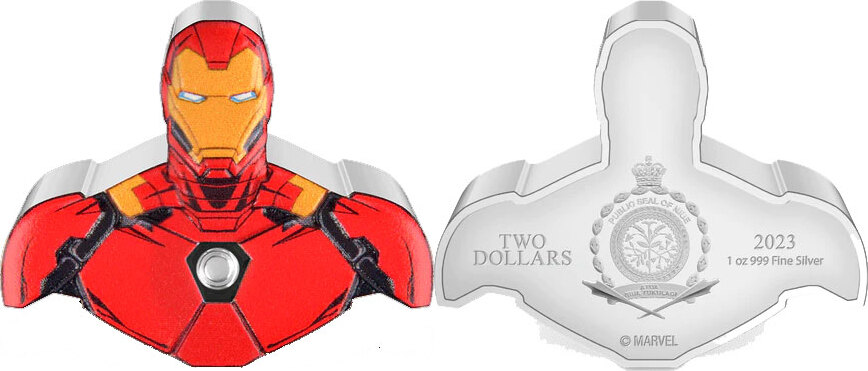 2 Dollars IRON MAN Marvel Shaped 1 Oz Silver Coin 2$ Niue 2023 Antique ...