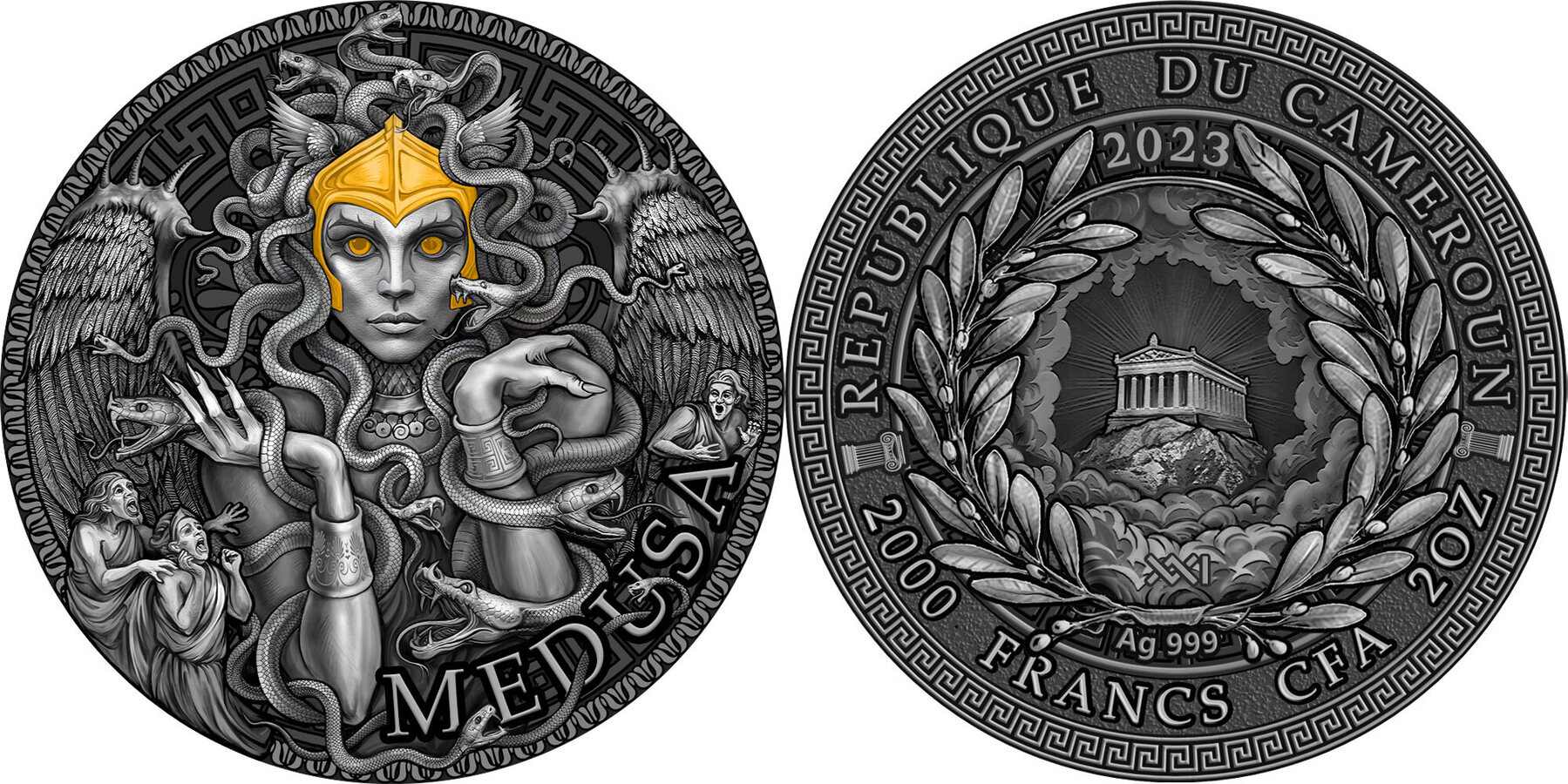 MEDUSA Great Greek Mythology 2 Oz Silver Coin 2000 Francs Cameroon 2023 ...