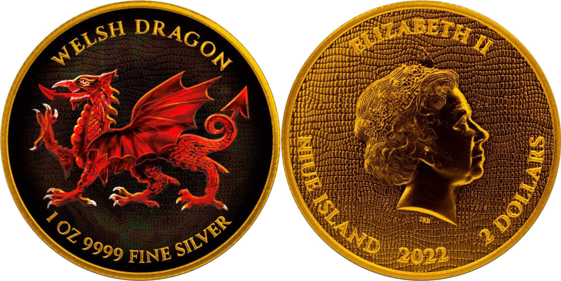 2 Dollars WELSH DRAGON Gilded 1 Oz Silver Coin 2$ Niue 2022 BU ...