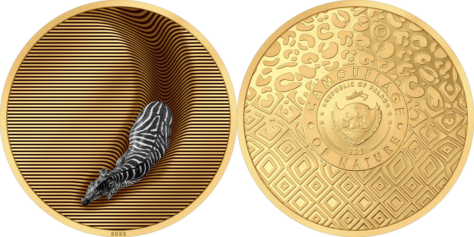 20 Dollars ZEBRA Camouflage of Nature Gilded 5 Oz Silver Coin 20$ Palau ...