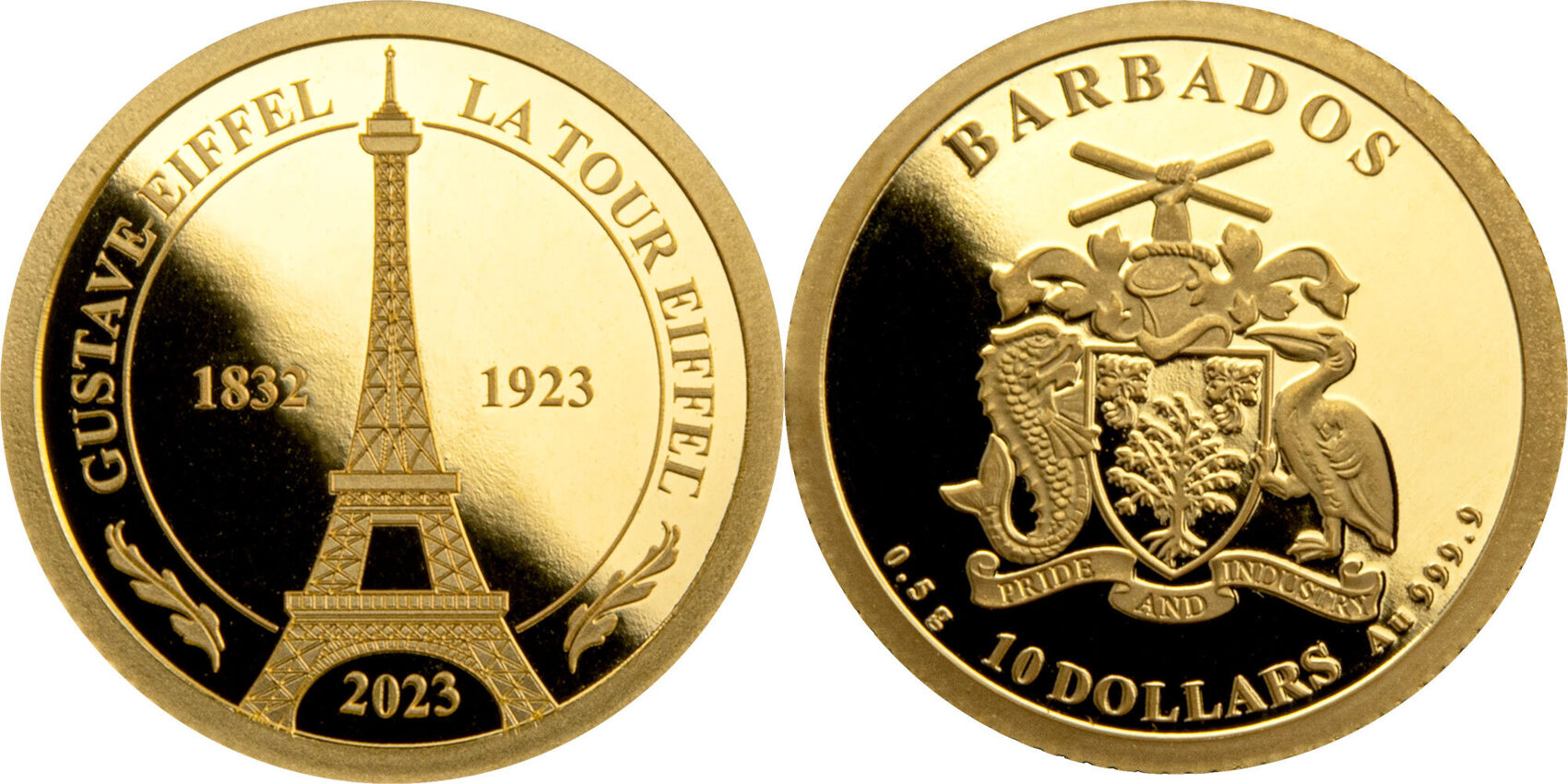 10 Dollars TOUR EIFFEL Gustave Small Gold Coin 10$ Barbados 2023 Proof ...
