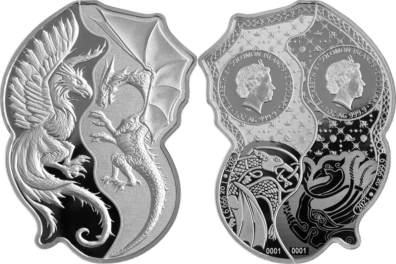 2 Dollars PHOENIX V DRAGON Set 2x1 Oz Silver Coin 2$ Solomon Islands ...