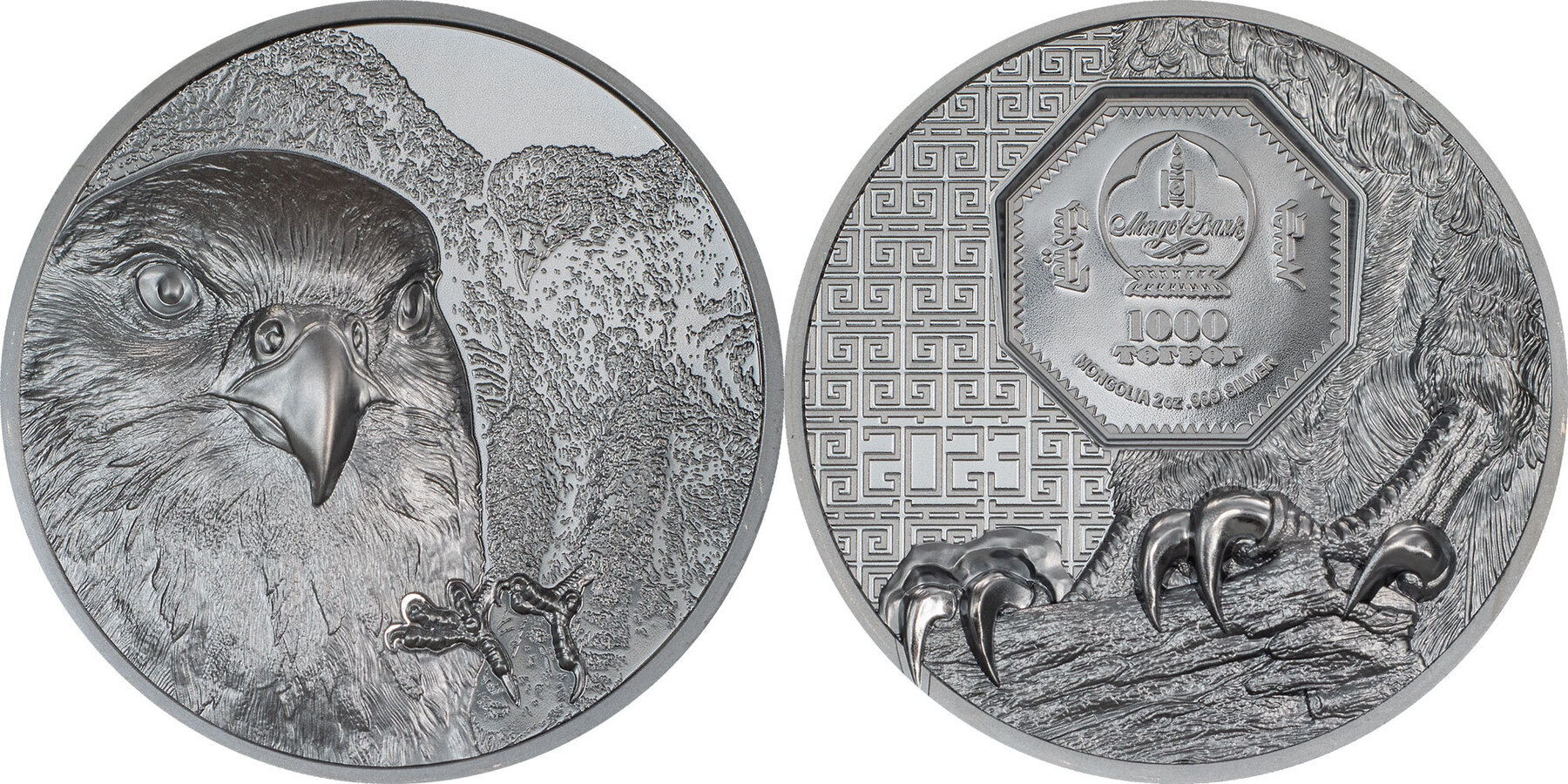 FALCON Wild Mongolia 2 Oz Silver Coin 1000 Togrog Mongolia 2023 Black ...