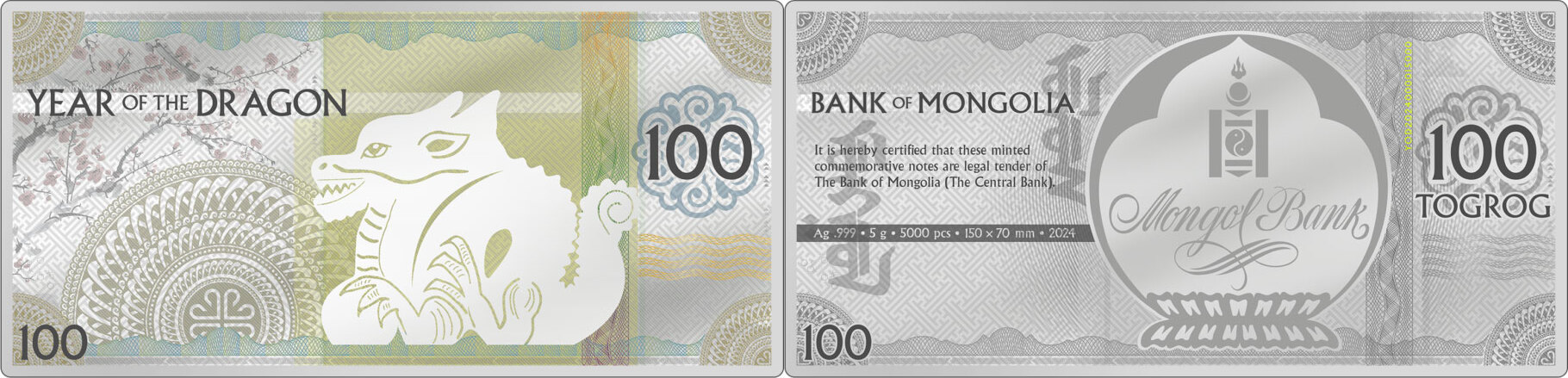YEAR OF THE DRAGON Silver Note 100 Togrog Mongolia 2024 Prooflike | MA ...