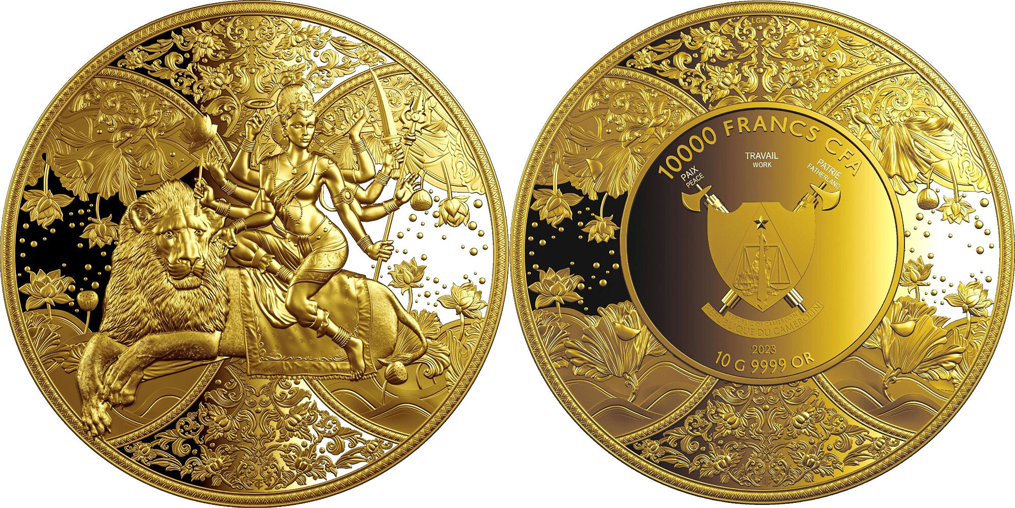 DURGA Hindu Religion Gold Coin 10000 Francs Cameroon 2023 Proof | MA-Shops
