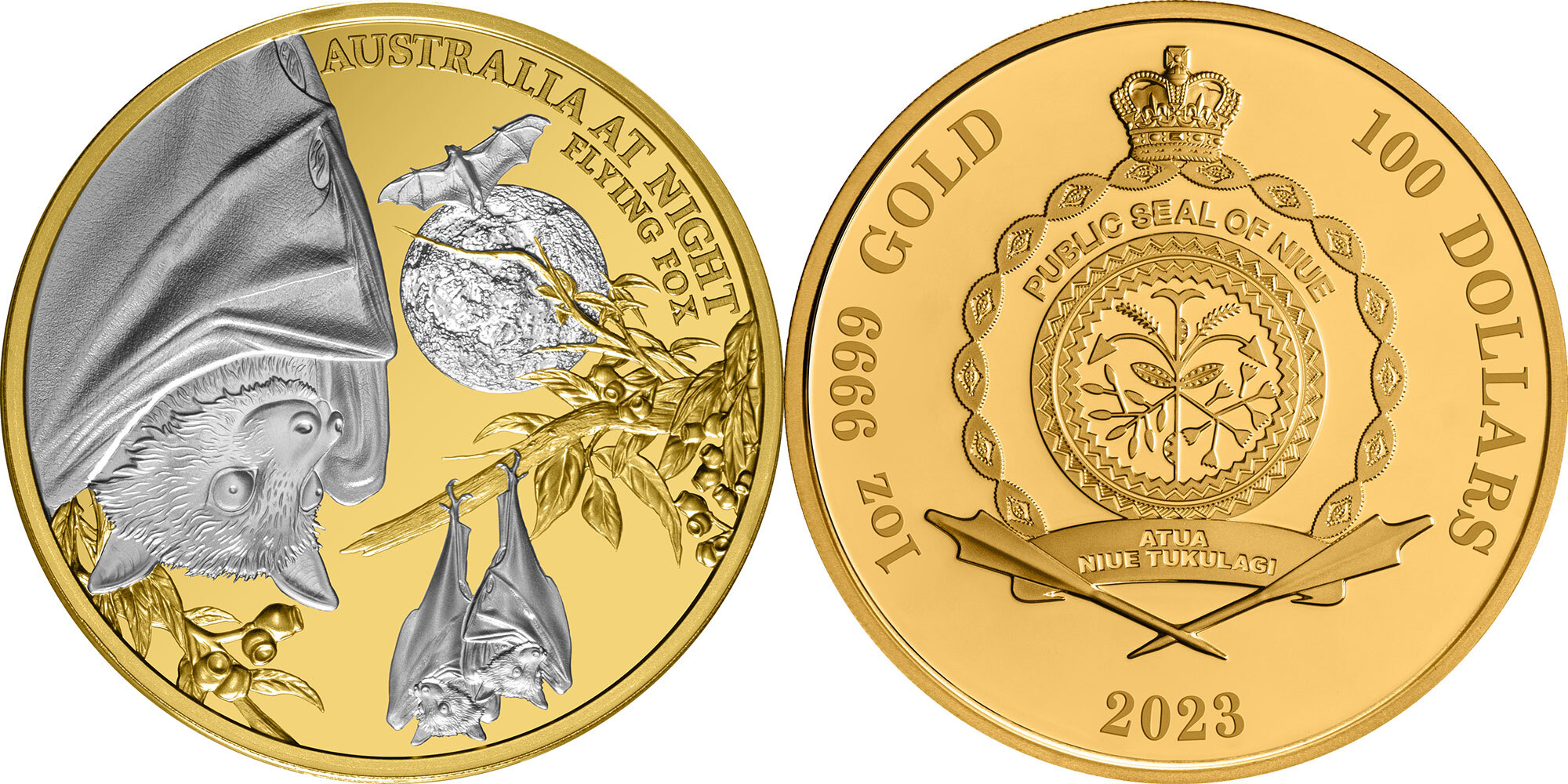 100 Dollars FLYING FOX Australia at Night 1 Oz Gold Coin 100$ Niue 2023 ...