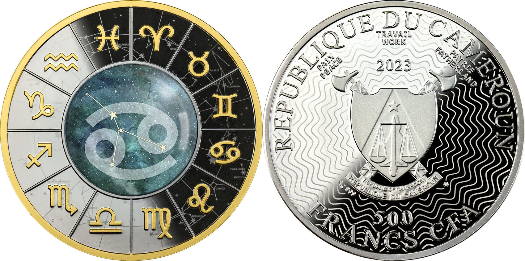 CANCER Zodiac Signs Silver Coin 500 Francs Cameroon 2023 Black Proof ...