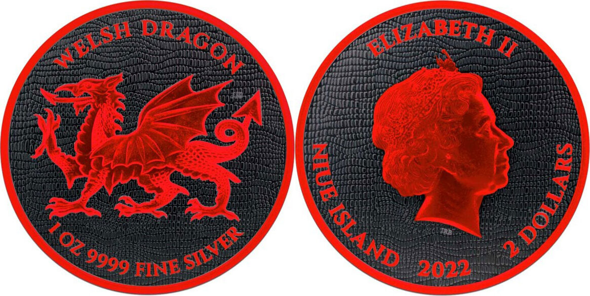 2 Dollars WELSH DRAGON Black Ruthenium Cyber Red 1 Oz Silver Coin 2 ...