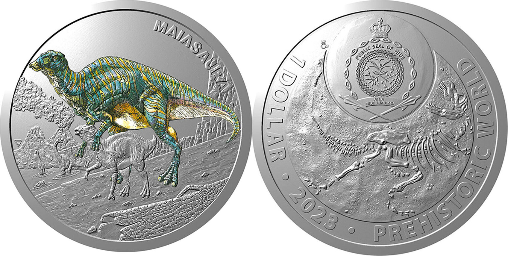 1 Dollar MAIASAURA Prehistoric World 1 Oz Silver Coin 1$ Niue 2023 Proof | MA-Shops