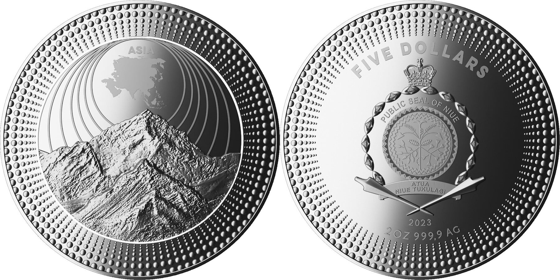 5 Dollars MOUNT EVEREST Continents Asia 2 Oz Silver Coin 5$ Niue 2023 ...