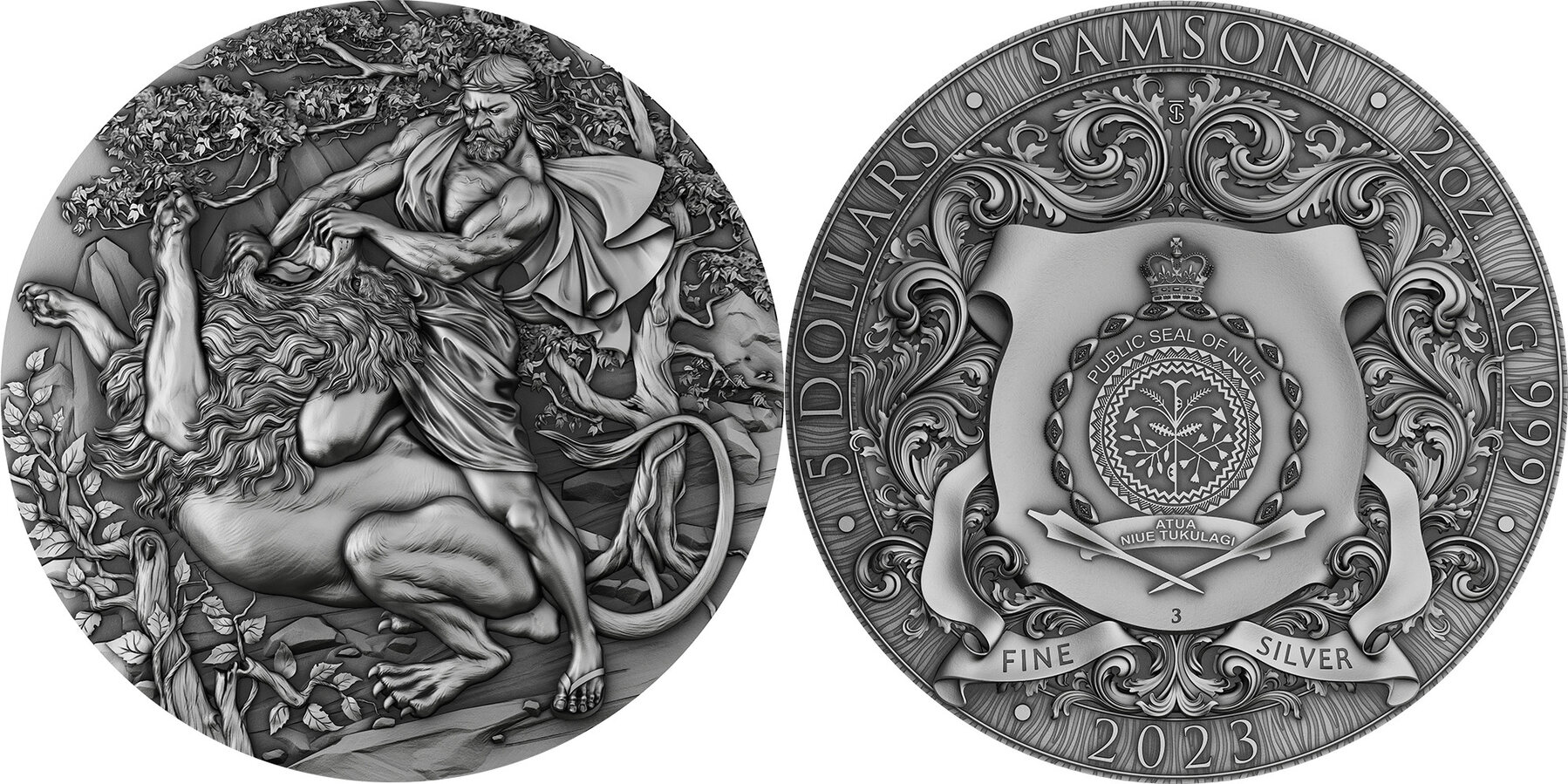 5 Dollars SAMSON 2 Oz Silver Coin 5$ Niue 2023 Antique Finish | MA-Shops