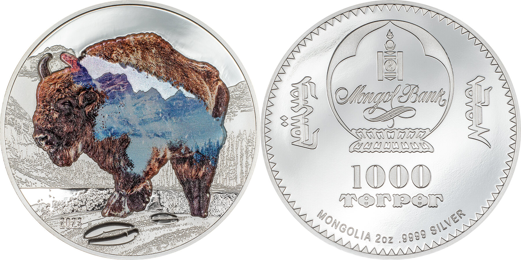 BISON Into The Wild 2 Oz Silver Coin 1000 Togrog Mongolia 2023 Proof ...