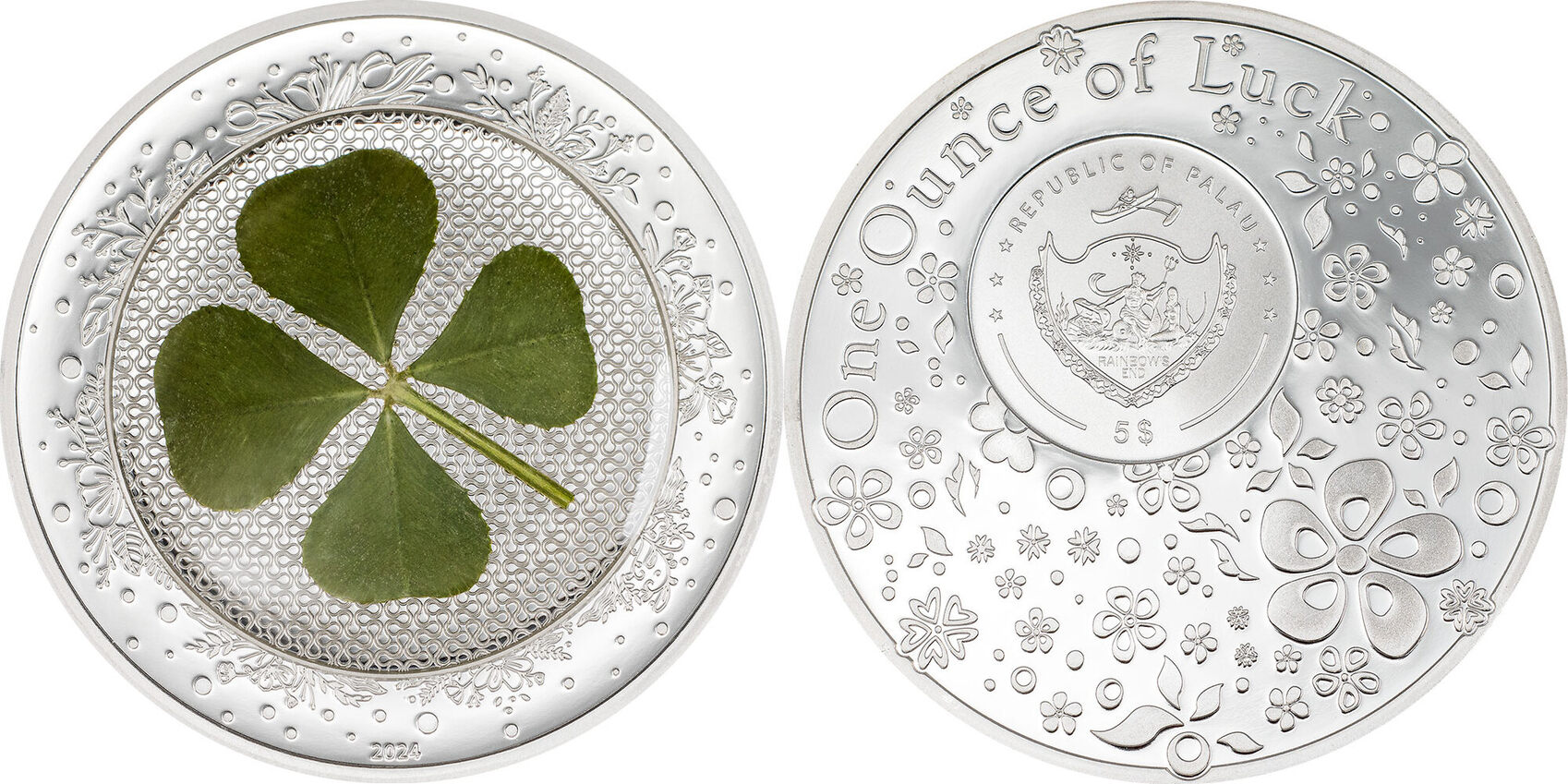 5 Dollars OUNCE OF LUCK Four Leaf Clover 1 Oz Silver Coin 5$ Palau 2024 ...