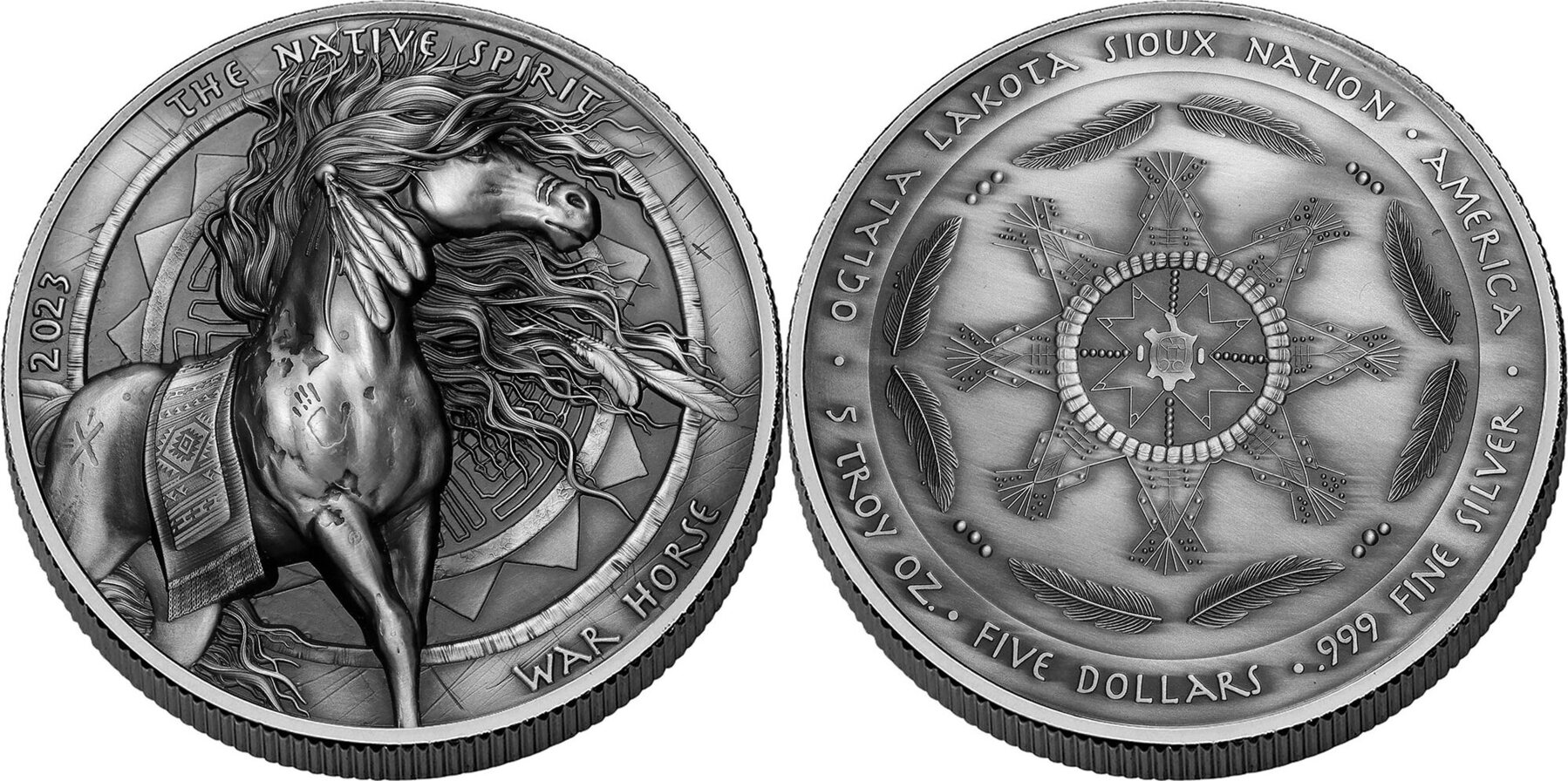 United States 5 Dollars WAR HORSE Native Spirit 5 Oz Silver Coin 5 ...