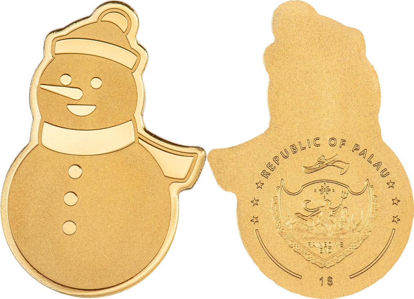 1 Dollar SNOWMAN Golden Highlights Gold Coin 1$ Palau Silk Finish | MA ...