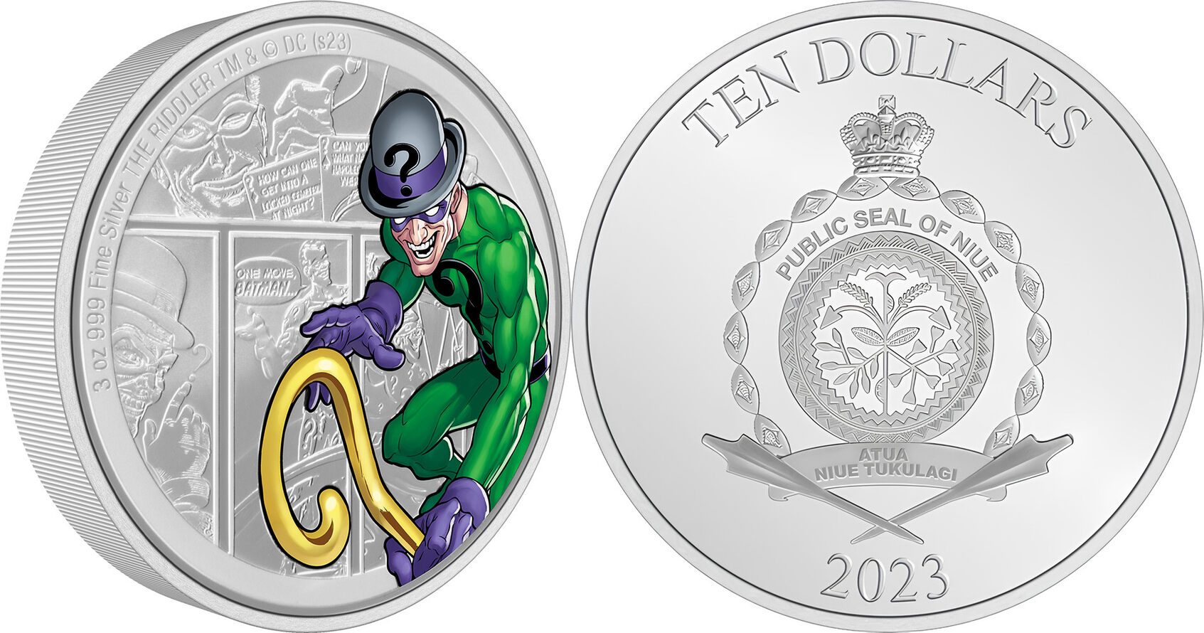 10 Dollars RIDDLER DC Villains 3 Oz Silver Coin 10$ Niue 2023 Proof ...