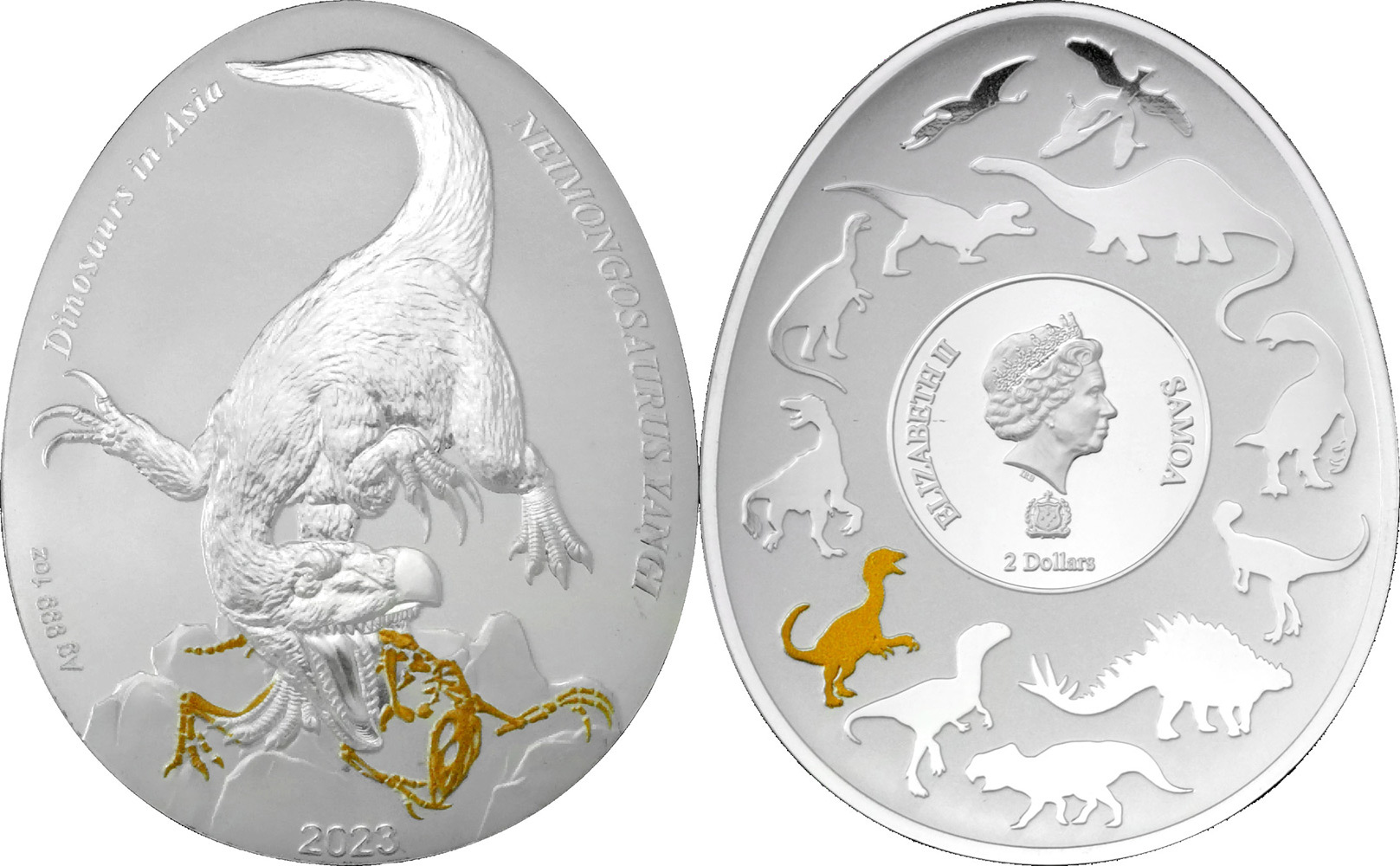 2 Dollars NEIMONGOSAURUS Dinosaurs in Asia 1 Oz Silver Coin 2$ Samoa ...