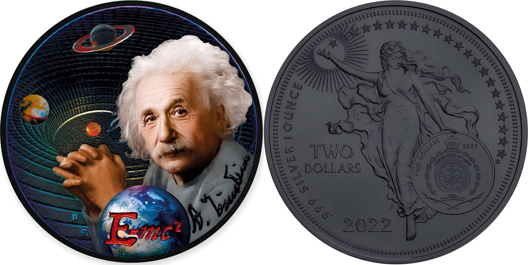 2 Dollars ALBERT EINSTEIN Black Platinum 1 Oz Silver Coin 2$ Niue 2022 ...