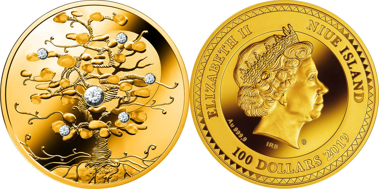100 Dollars TREE OF LUCK Diamond 1.5 Oz Gold Coin 100$ Niue 2019 Proof ...