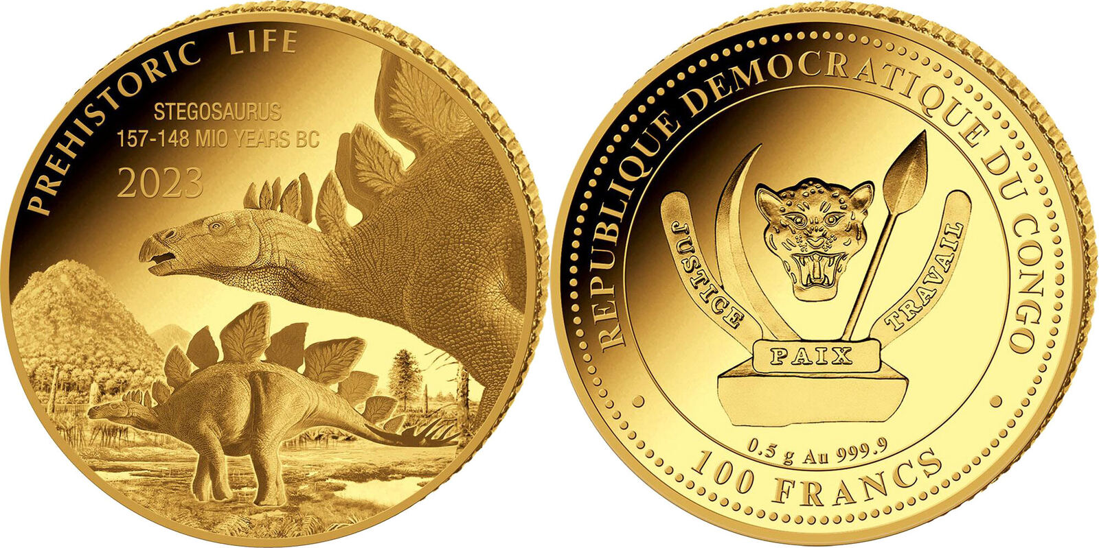 Congo Democratic Republic STEGOSAURUS Prehistoric Life Gold Coin 100 ...