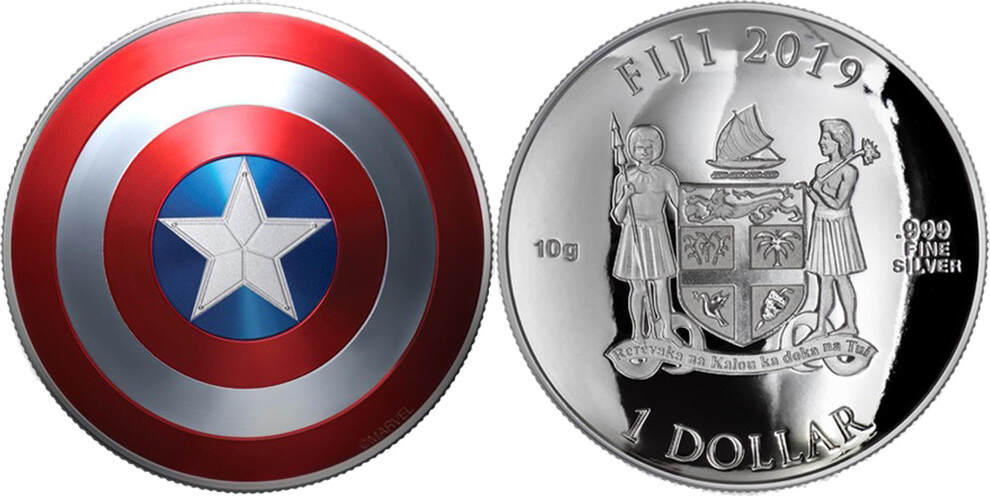 1 Dollar CAPTAIN AMERICA SHIELD Marvel Silver Coin 1$ Fiji 2019 Proof ...