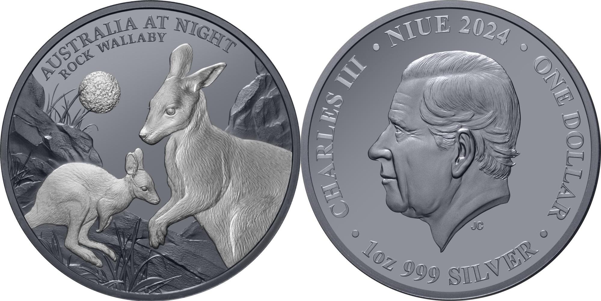 1 Dollar ROCK WALLABY Australia at Night 1 Oz Silver Coin 1$ Niue 2024 ...