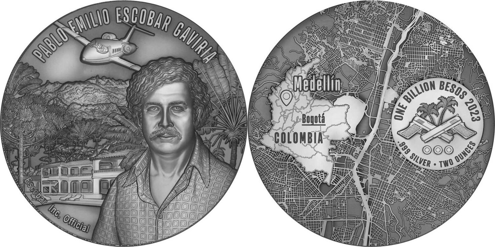 PABLO EMILIO ESCOBAR GAVIRIA 2 Oz Silver Coin 1 Billion Besos Colombia ...
