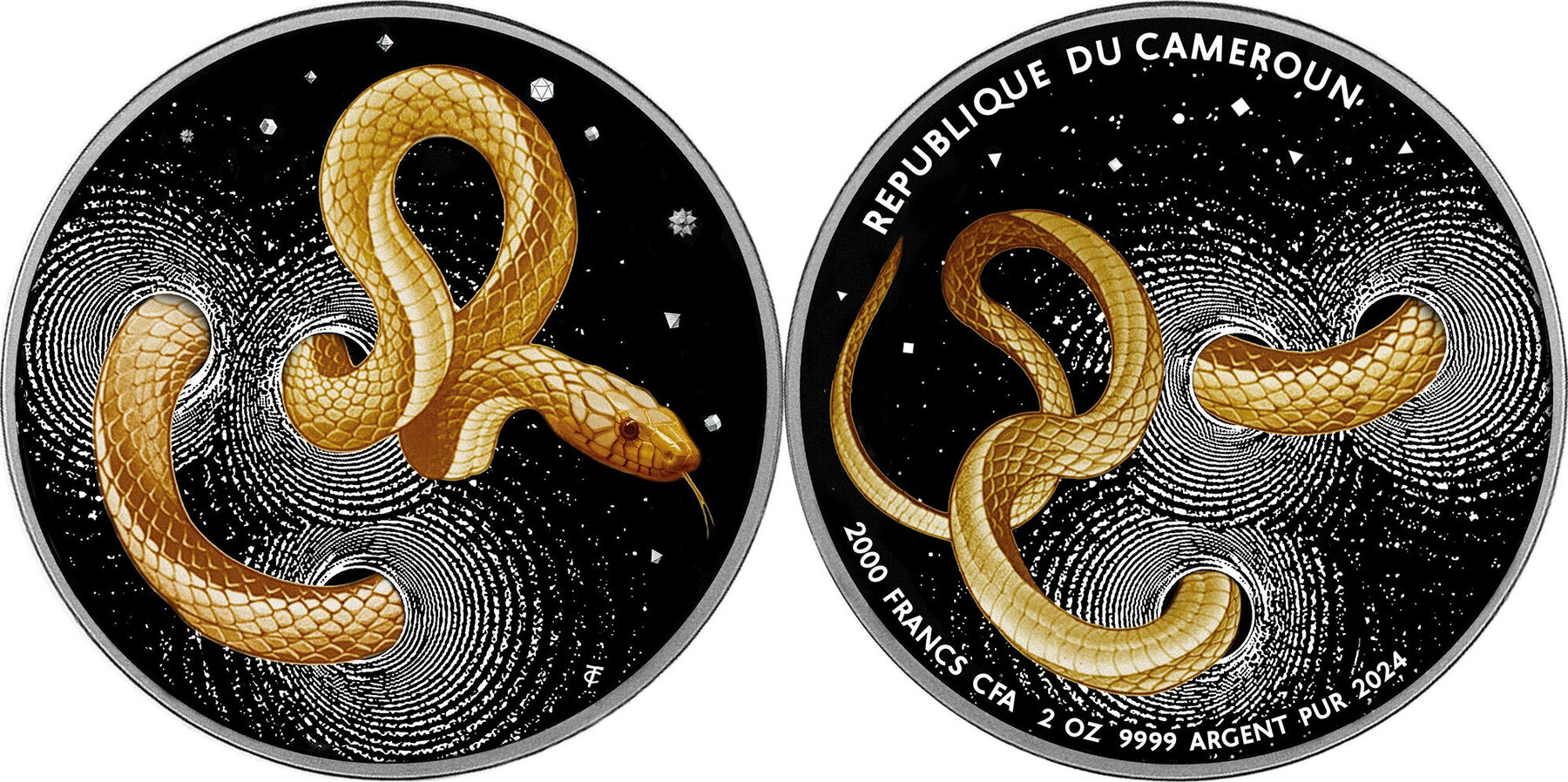 SNAKE Herpeton Dark Gilded 2 Oz Silver Coin 2000 Francs Cameroon 2024 ...